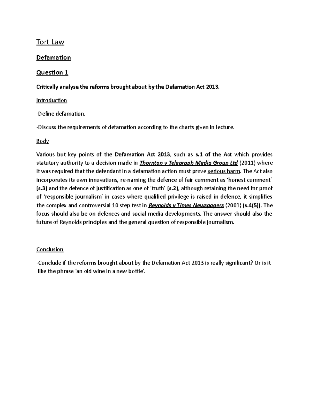Tort Law Question and Answer Essay Defamation 29.3.2020(2) - Tort Law ...