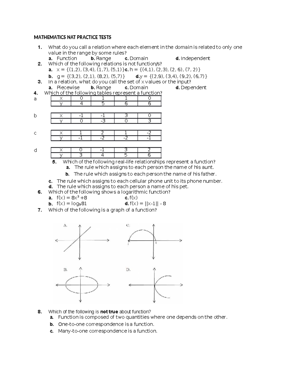 Mathematics - MATHEMATICS NAT PRACTICE TESTS What do you call a ...