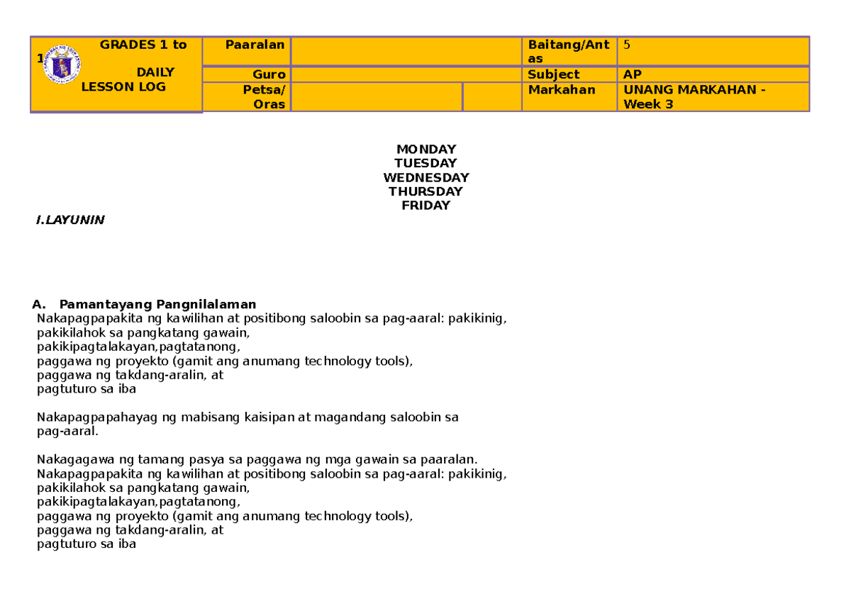 DLL-5 WEEK-3-ESP - LESSON PLAN - GRADES 1 to 12 DAILY LESSON LOG Paaralan Baitang/Ant as 5 Guro ...