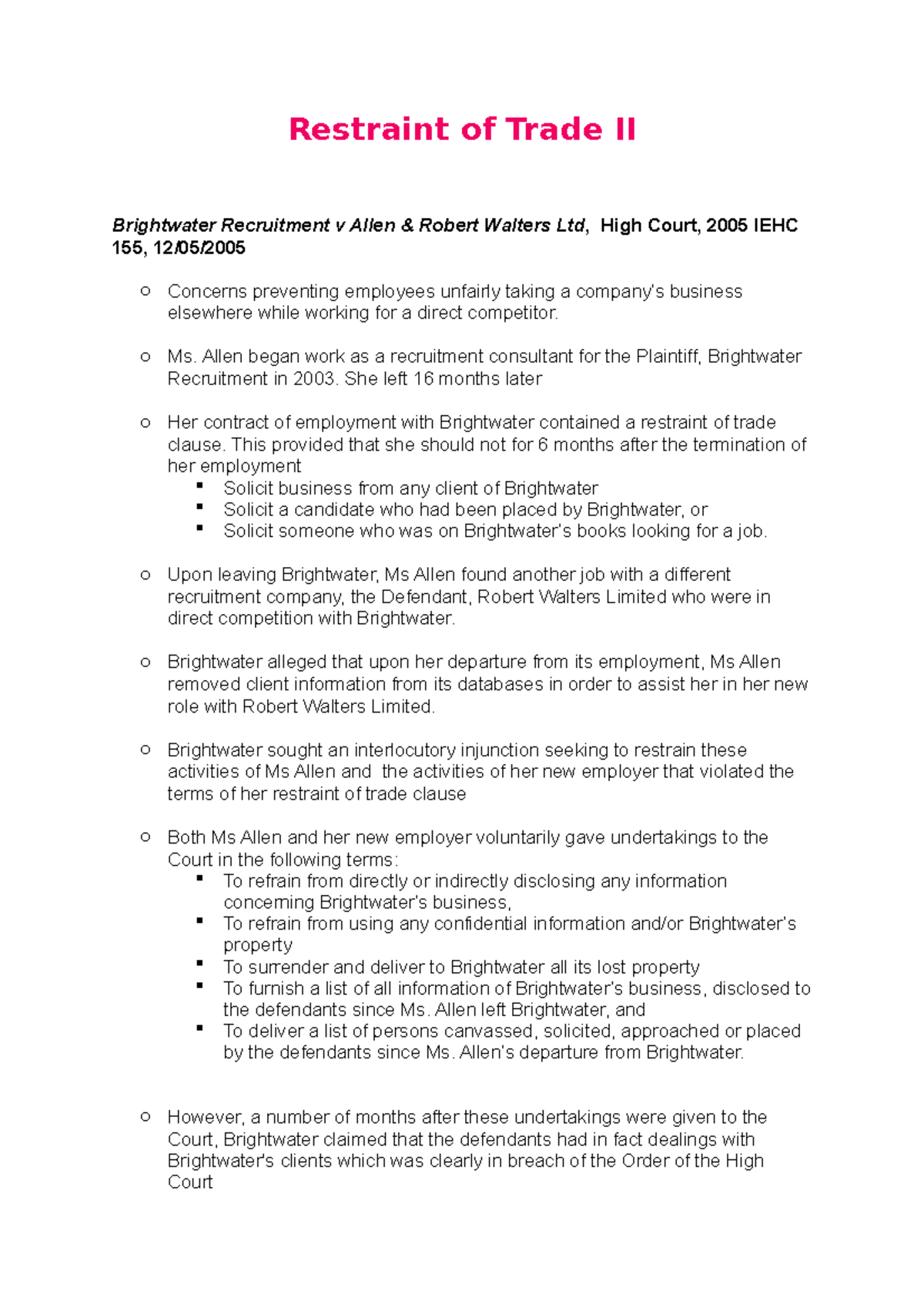 Restraint of Trade II - Restraint of Trade II Brightwater Recruitment v ...