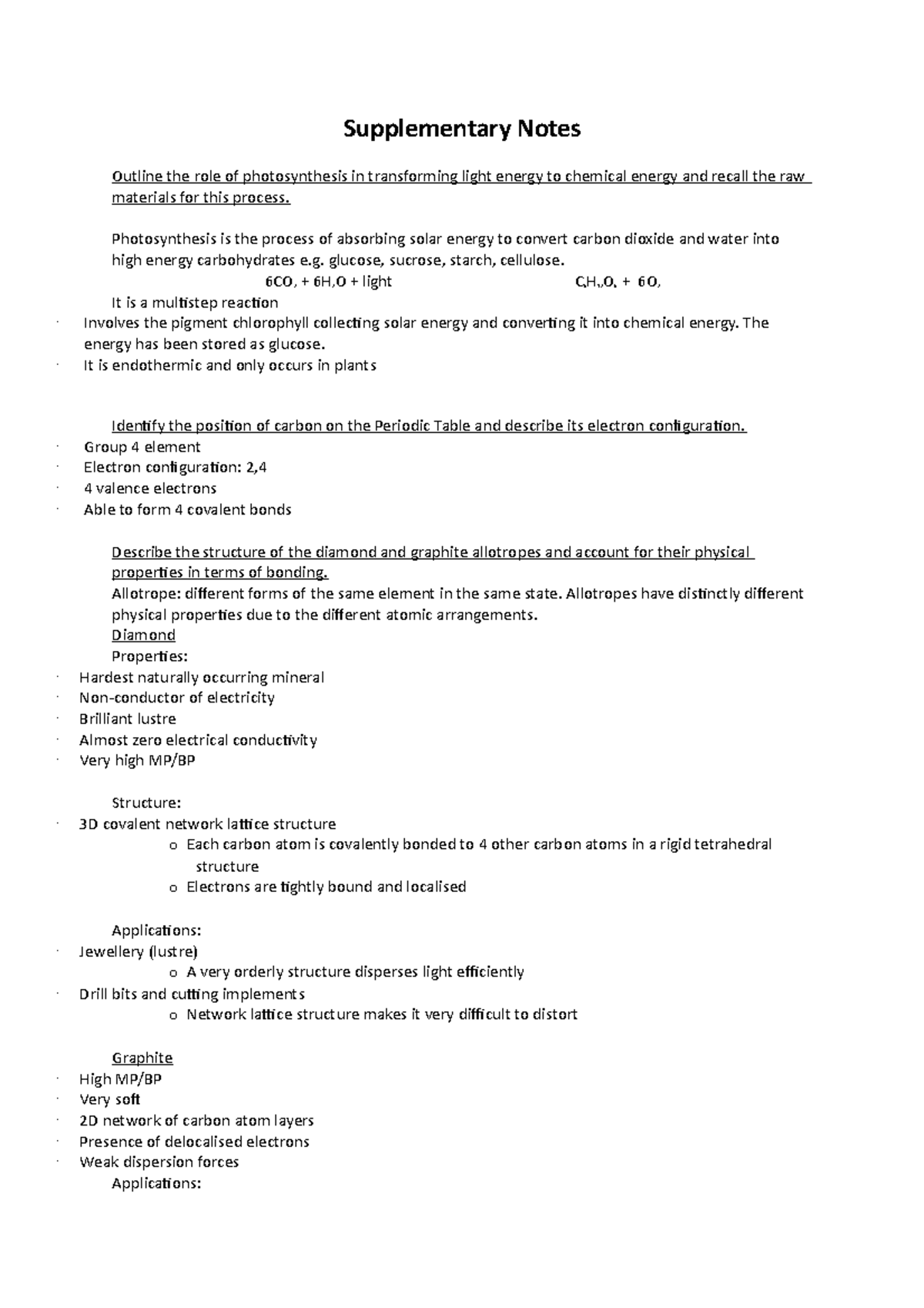 CHEM1201 Supplementary Notes - Supplementary Notes Outline the role of ...