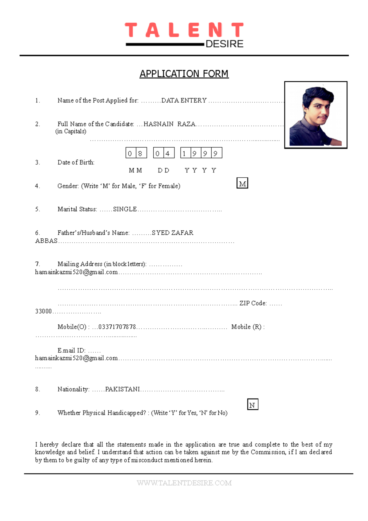 Offline Application Form For Work At Home - APPLICATION FORM Name of ...