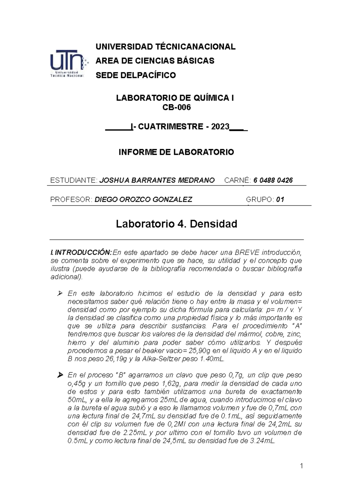 Informe De Laboratorio 4 Densidad 1 Universidad TÉcnicanacional Area
