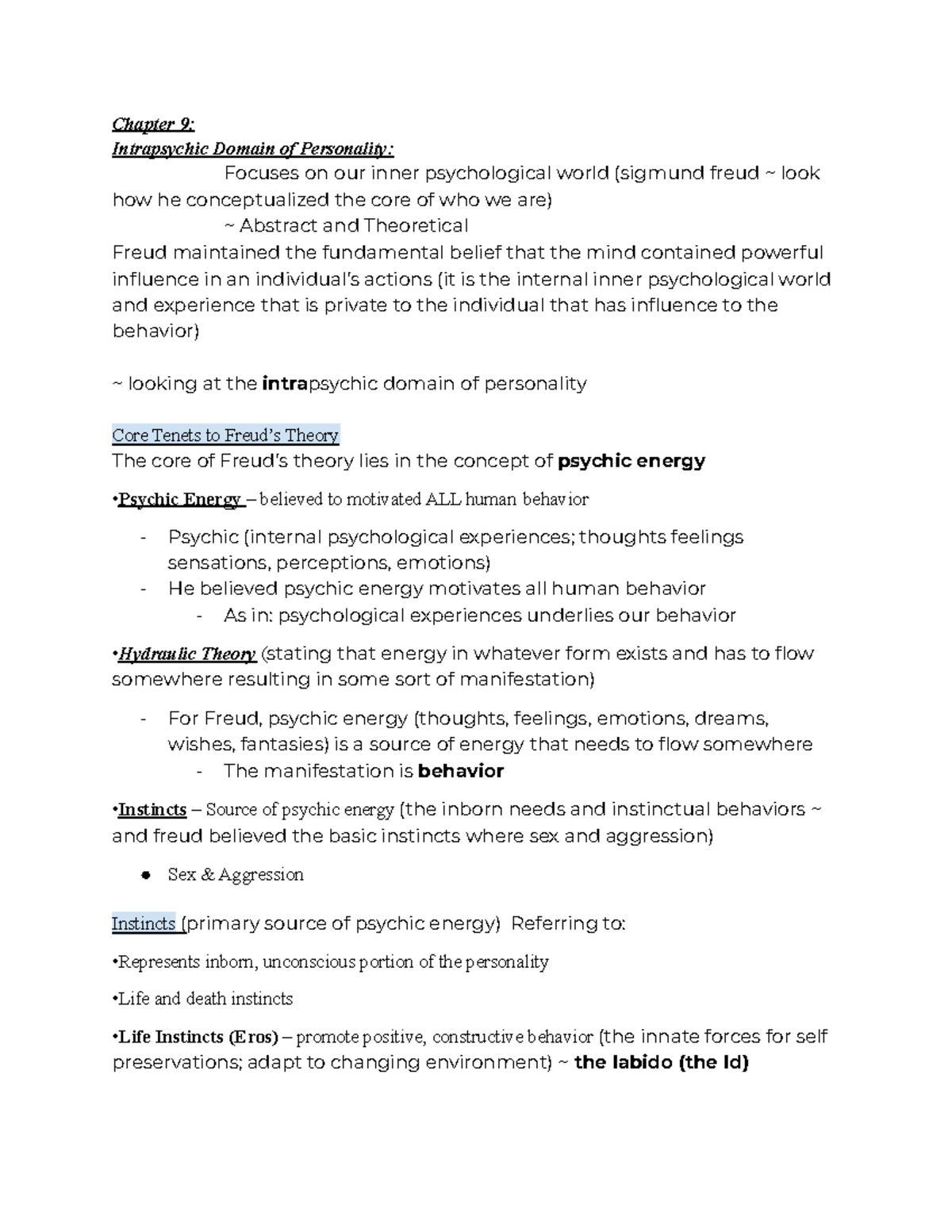 psych 220 lecture notes 9-19 - Chapter 9: Intrapsychic Domain of ...