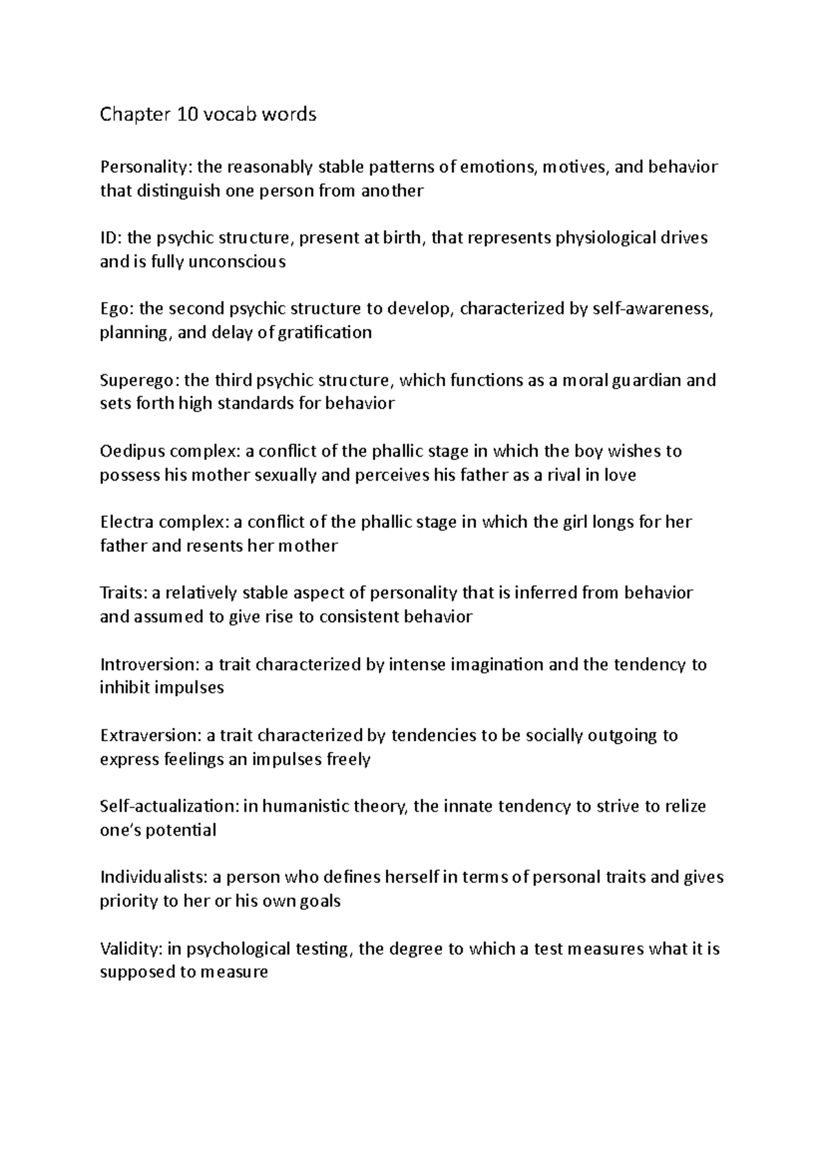 Chapter 10 vocab words - Notes - Chapter 10 vocab words Personality ...