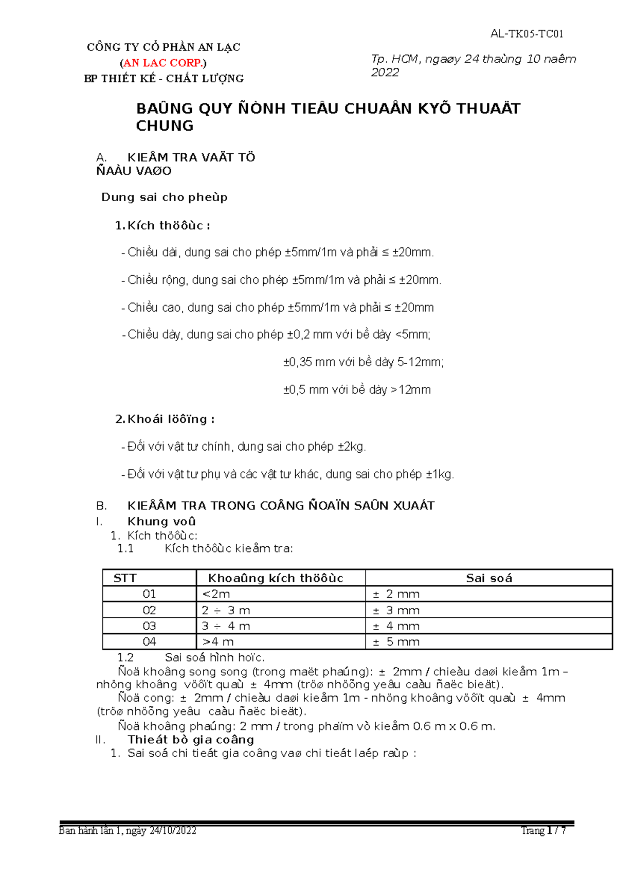 AL-TK05-TC01- Ban quy dinh tieu chuan ky thuat chung - Ban hành lần 1, ngày 24/10/2022 Trang 1 ...