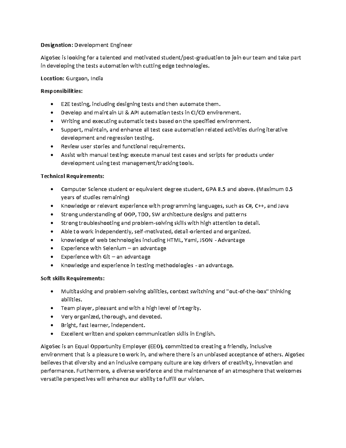 Job Description for Development Engineer - Algo Sec - Designation ...