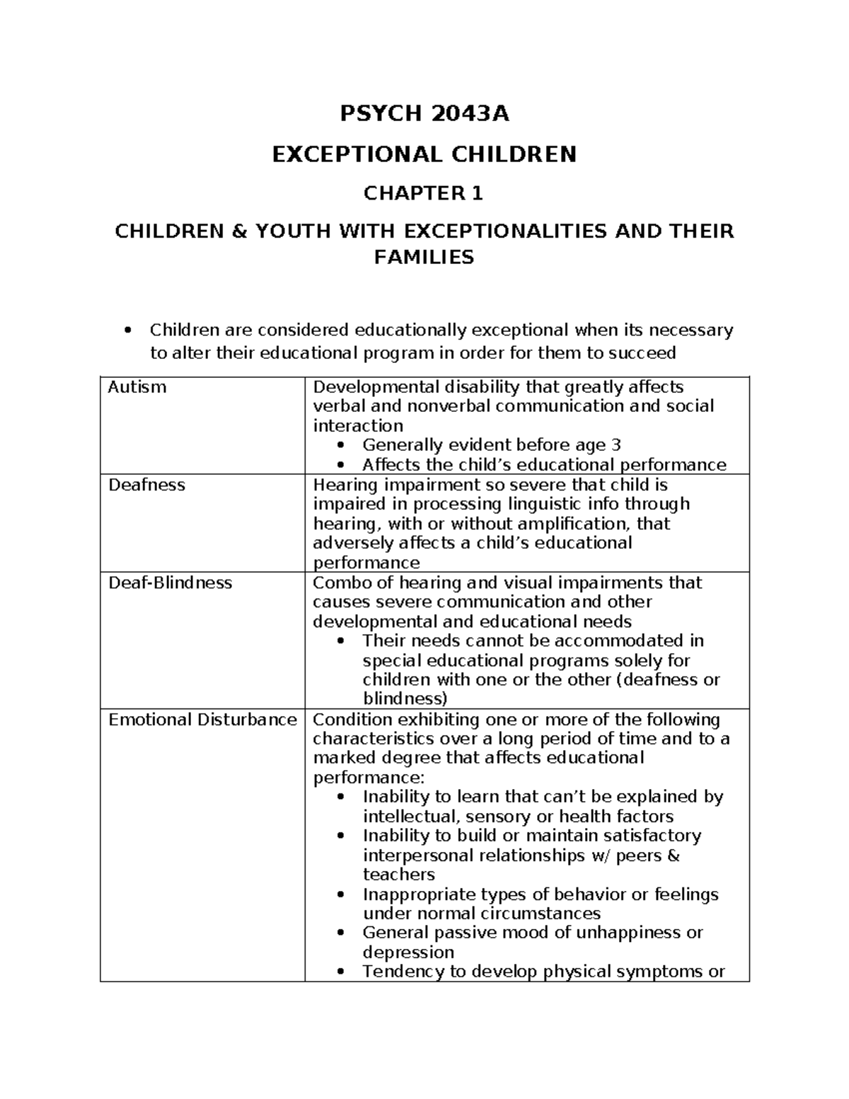 Psych 2043A Chapter 1 - PSYCH 2043A EXCEPTIONAL CHILDREN CHAPTER 1 ...