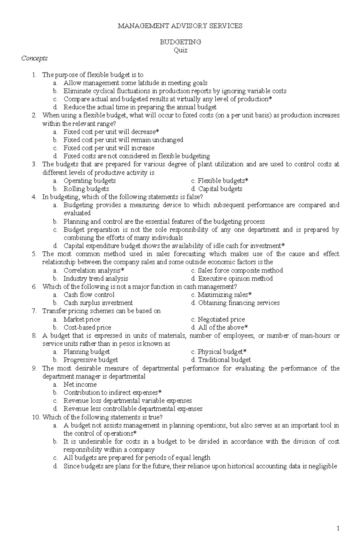 MAS. Budgeting.PART 1 - MANAGEMENT ADVISORY SERVICES BUDGETING Quiz ...