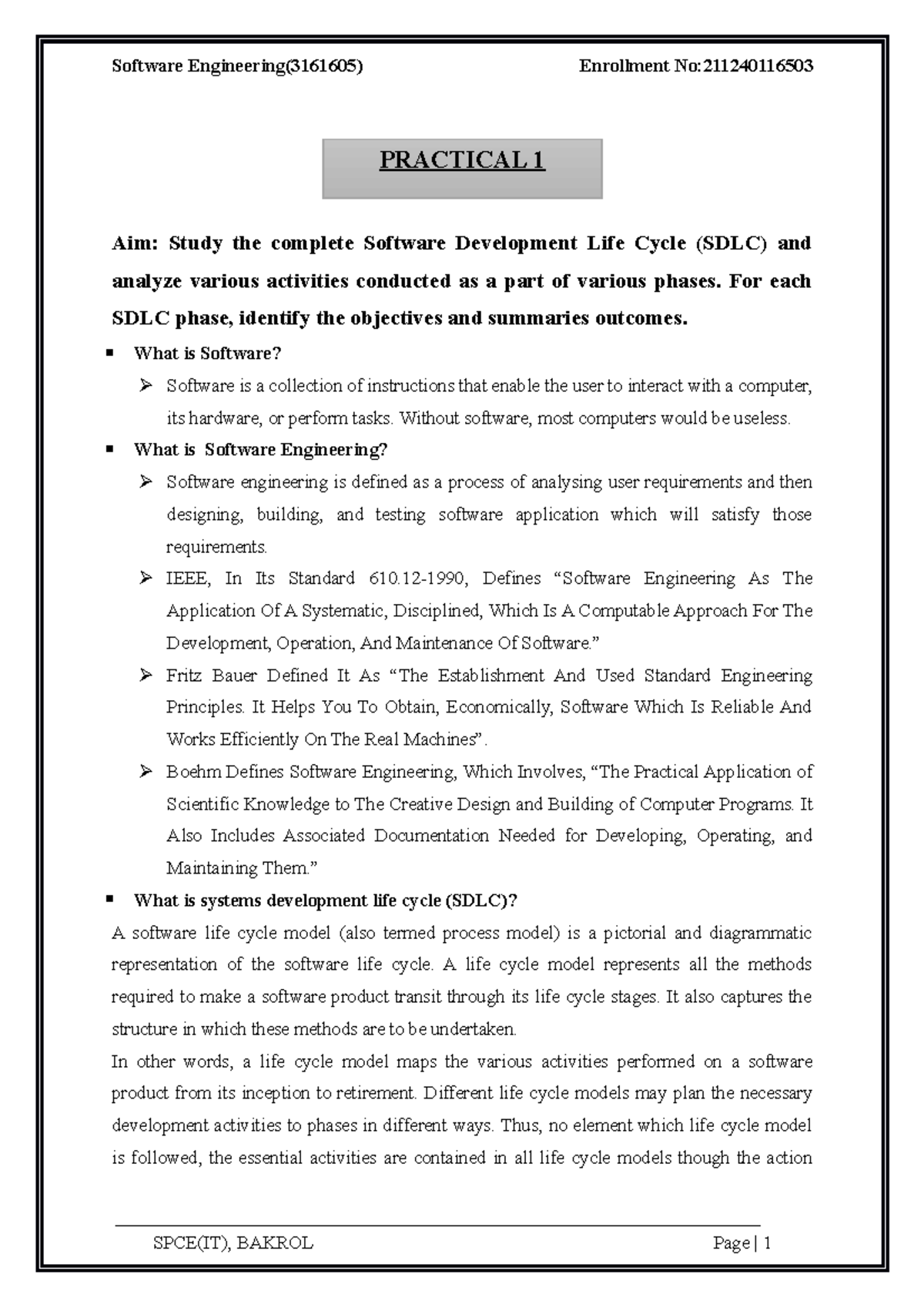 SE Practical 1 - Aim: Study the complete Software Development Life ...