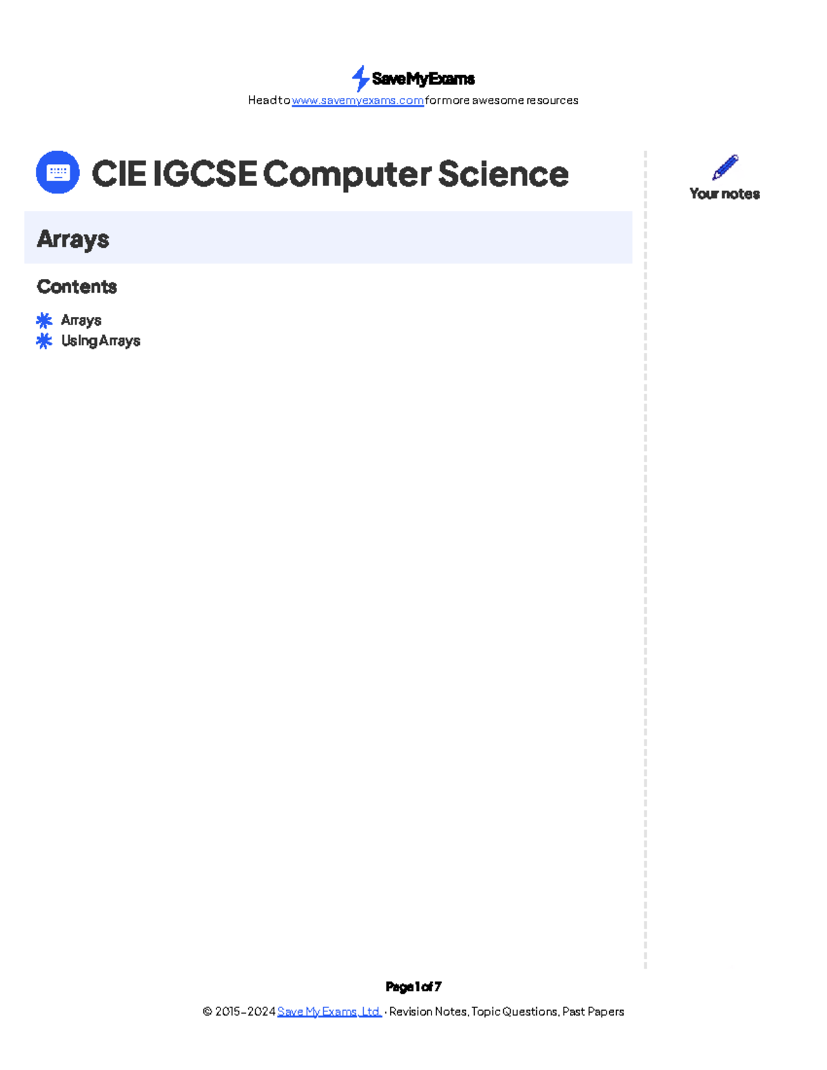 2Y~g LUW71h Coh14m-1 - It wax - CIE IGCSE Computer Science Arrays Contents Arrays Using Arrays ...