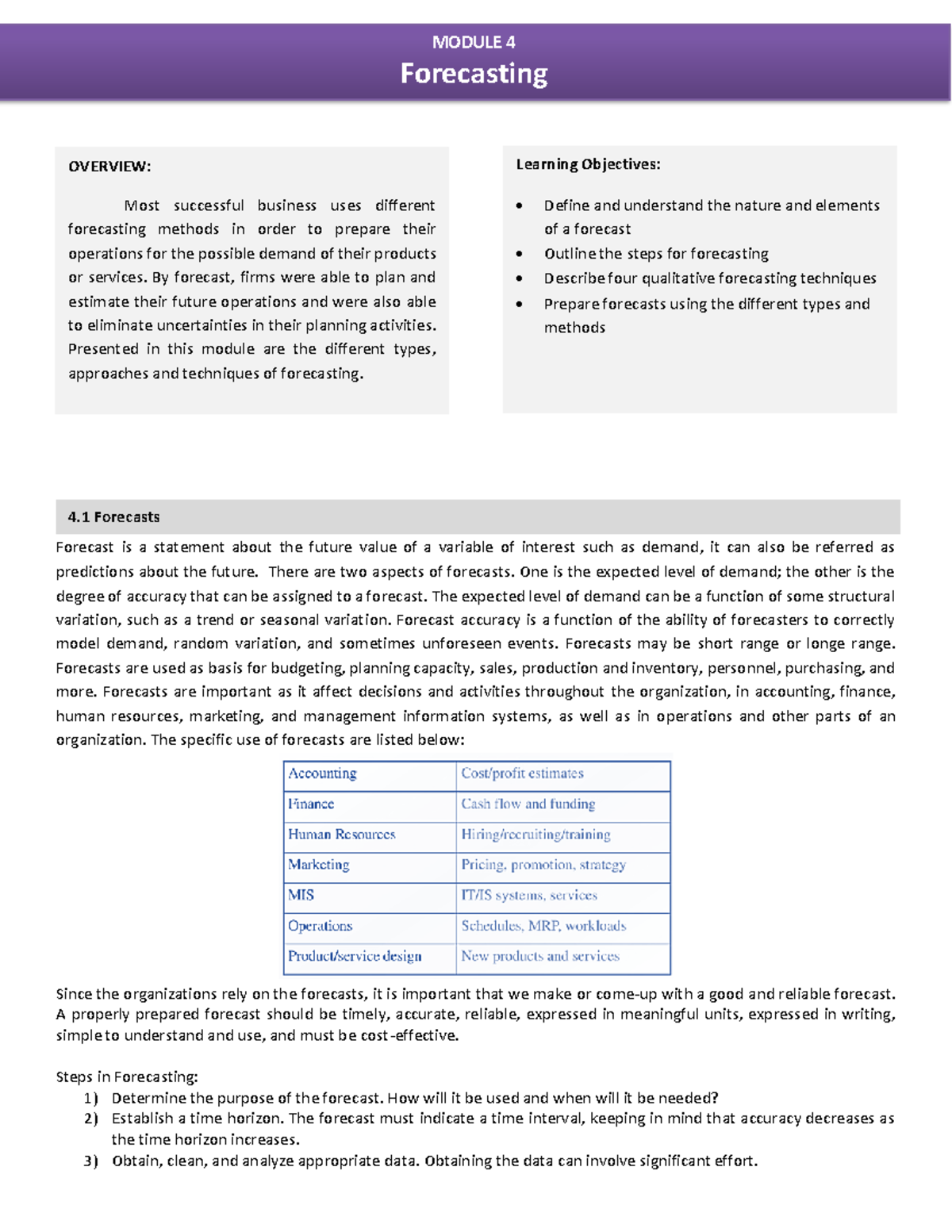 Module 4 - Forecast is a statement about the future value of a variable ...