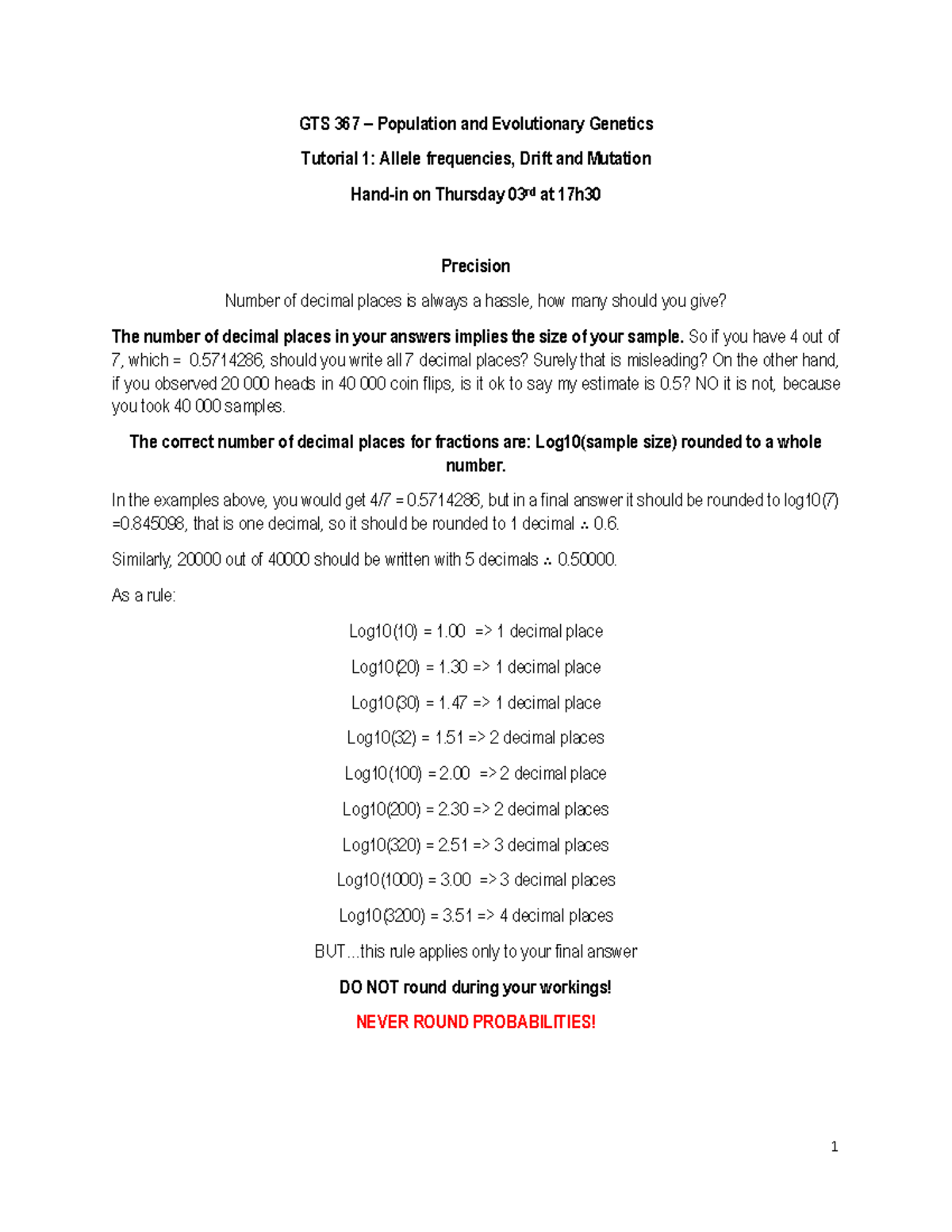 Tutorial 1 2022 questions - 1 GTS 367 – Population and Evolutionary ...