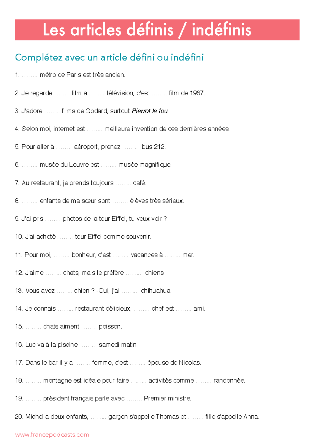 Articles-définis-ou-indéfinis-exercices-et-corrigé-2 - Complétez avec ...