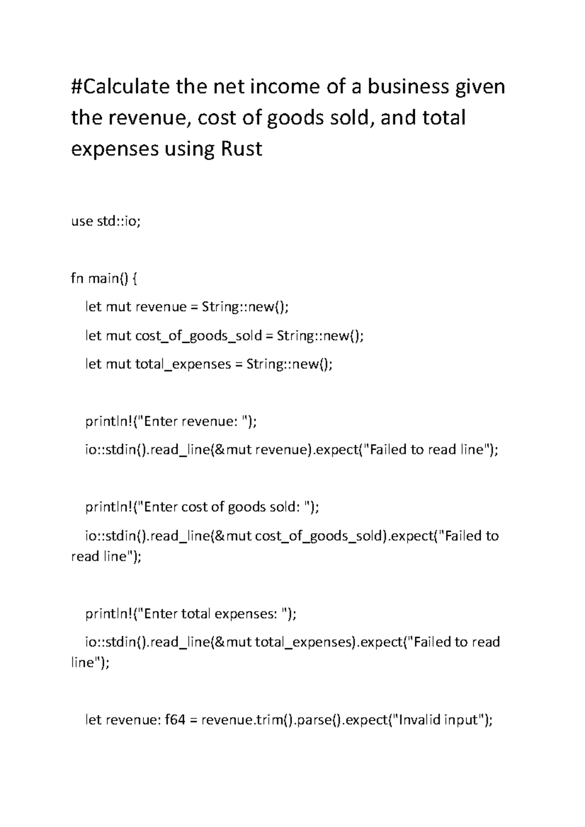 Business given the revenue - rust - #Calculate the net income of a ...