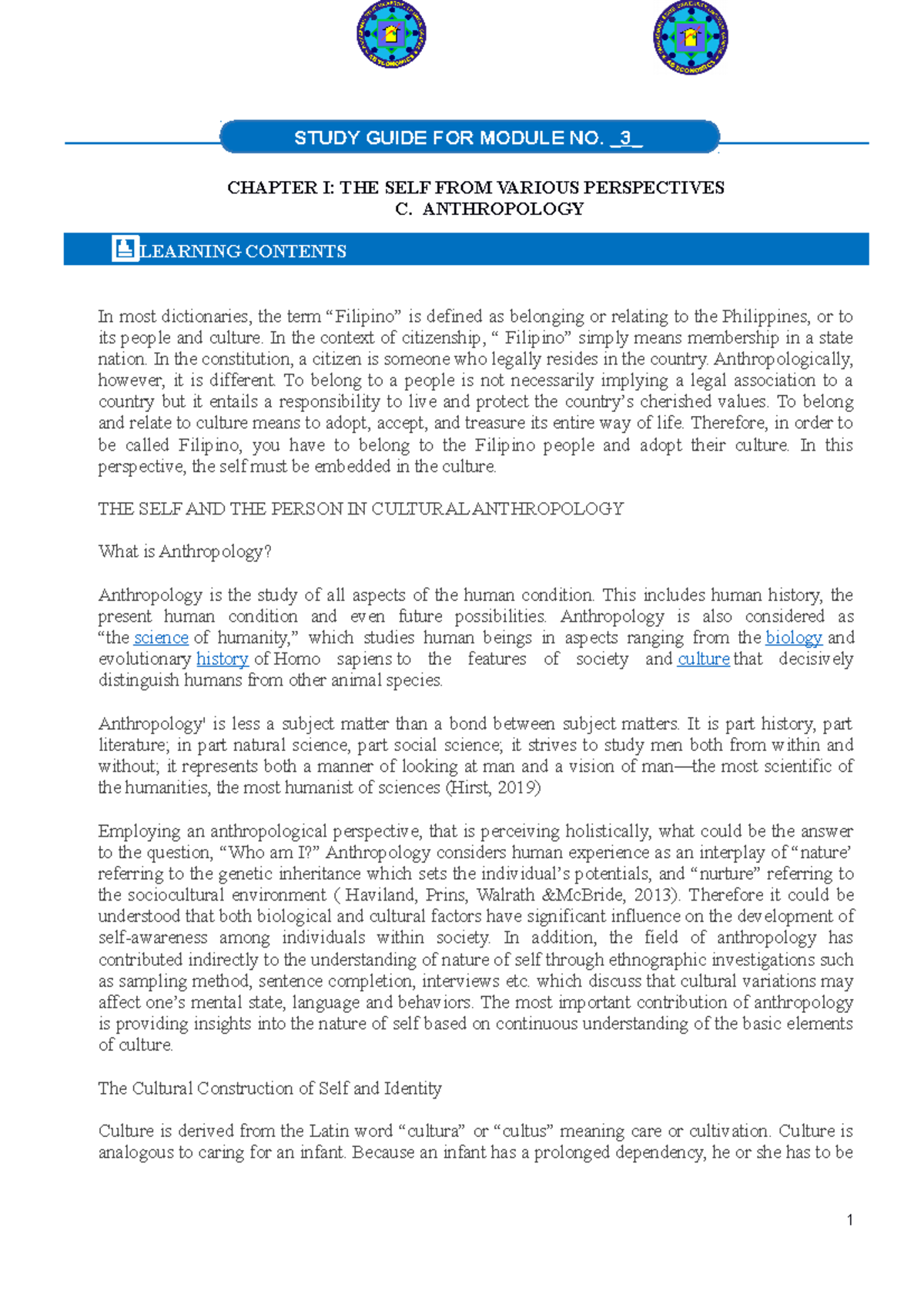GE1 Module 3 - Anthropology - Understanding the Self - PangSU - Studocu