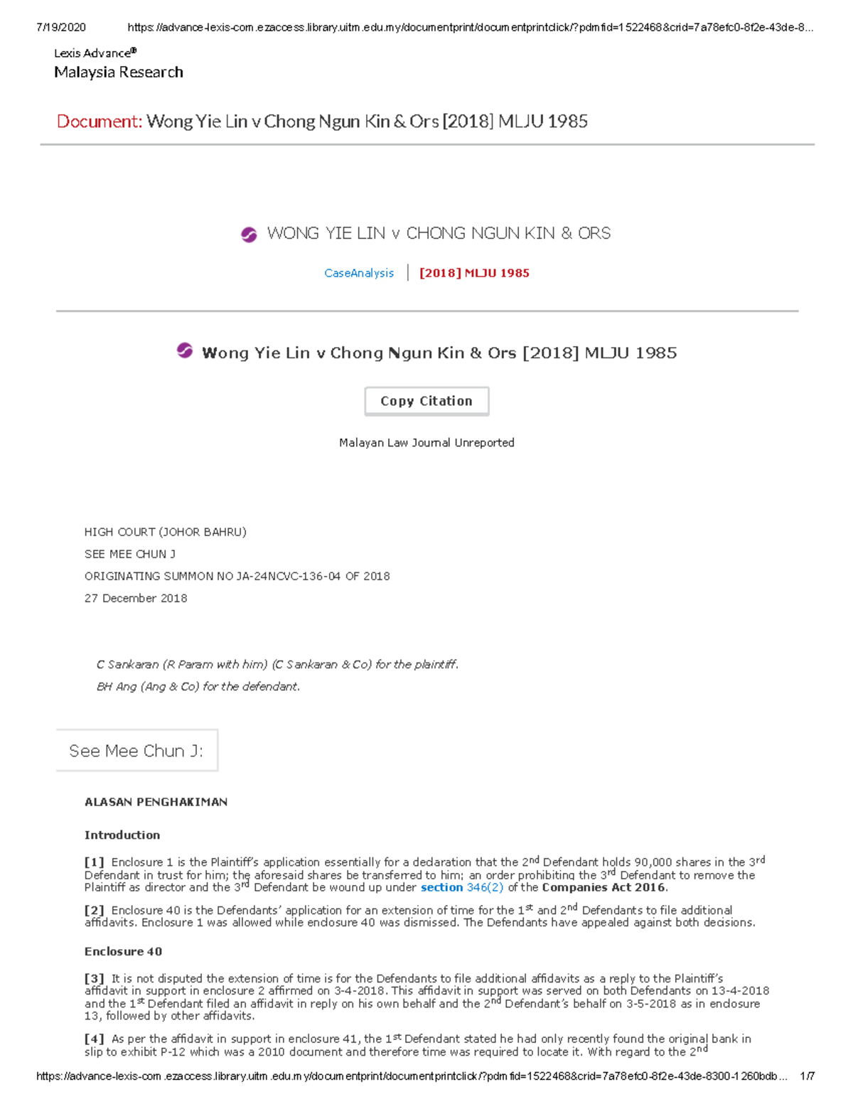 Wong Yie Lin v Chong Ngun Kin & Ors [2018 ] MLJU 1985 - Lexis Advance ...