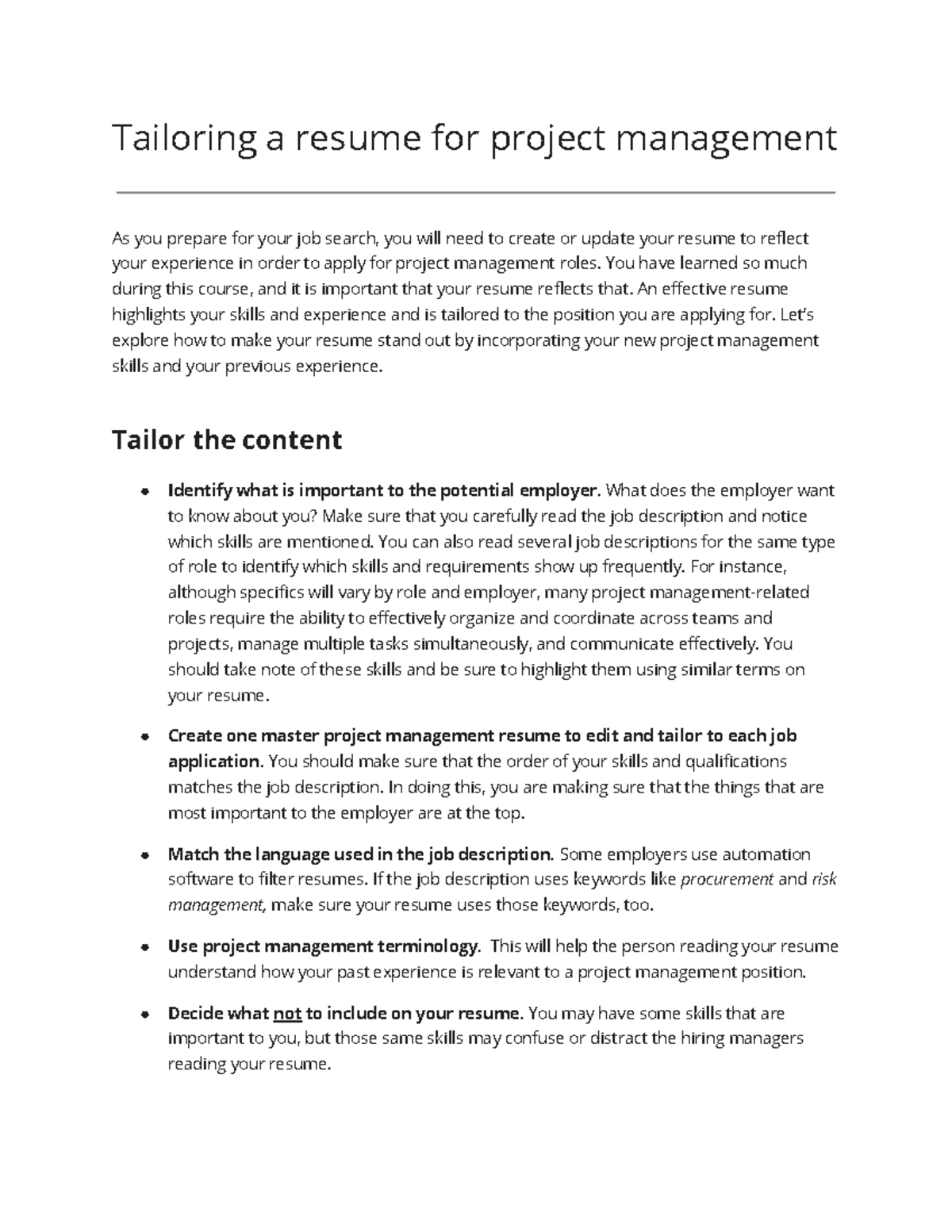 Tailoring Resume - hi h - Tailoring a resume for project management As ...