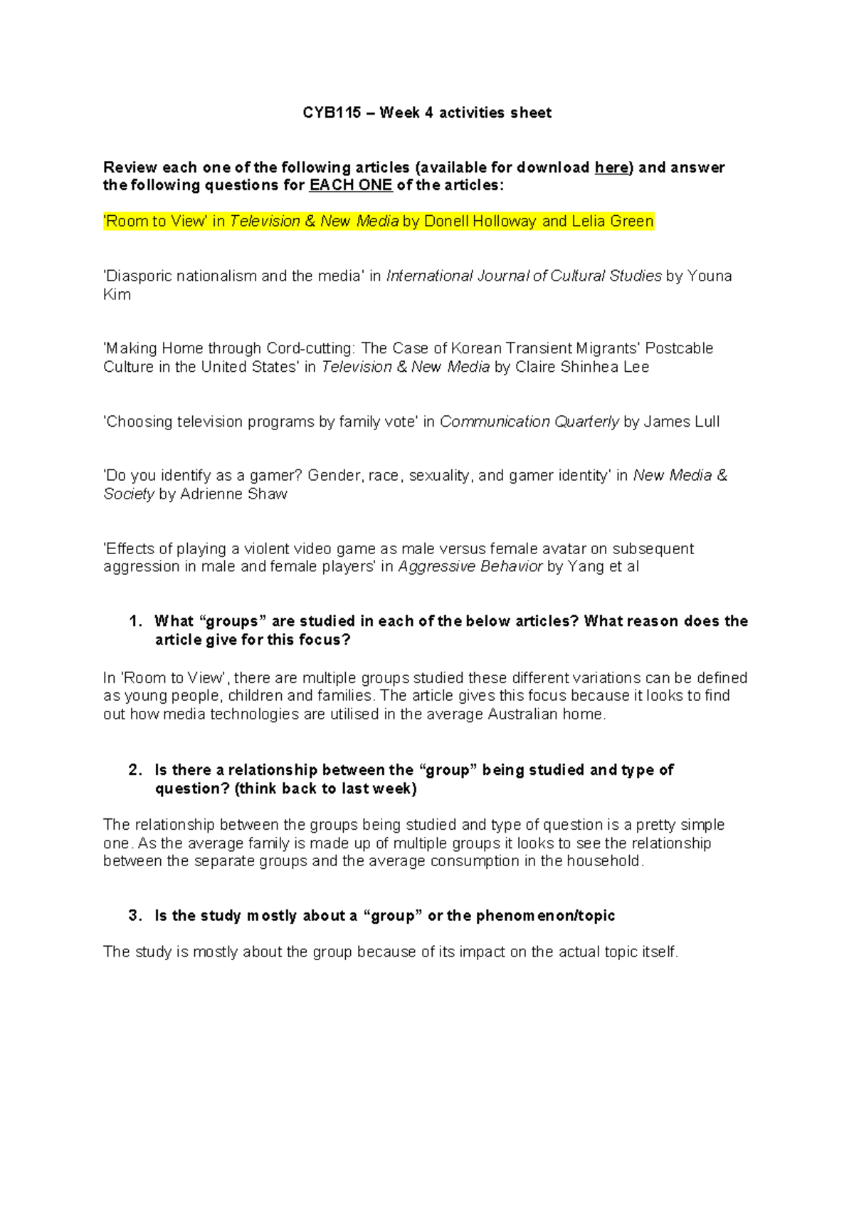 Week 4 Tutorial Activity Sheet Individual 1 Cyb115 Week 4 Activities Sheet Review Each One 
