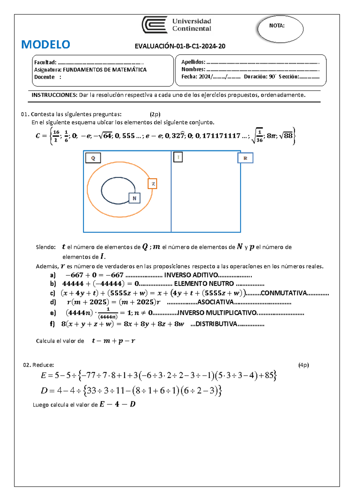 Modelo- Evaluación-01-C1- Fundamentos DE Matemática-2024-20 - MODELO ...