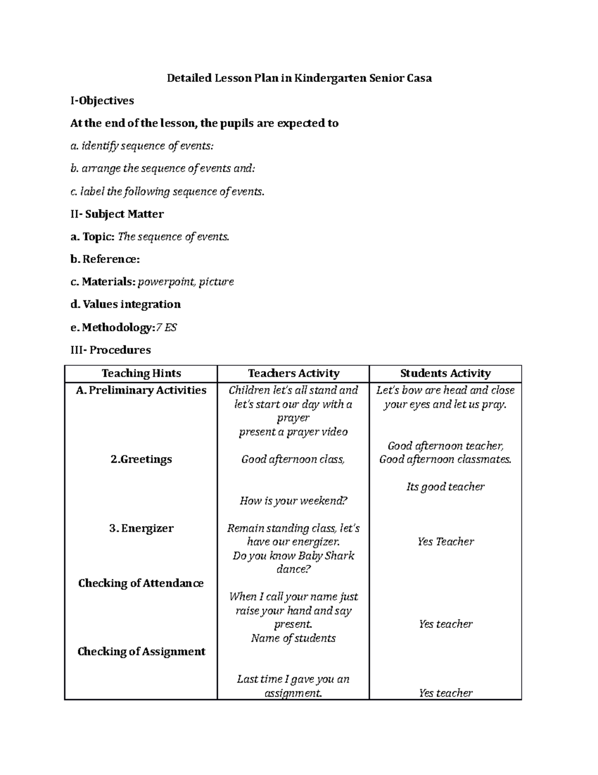 Detailed Lesson Plan in Kindergarten Senior Casa 1 - Detailed Lesson ...