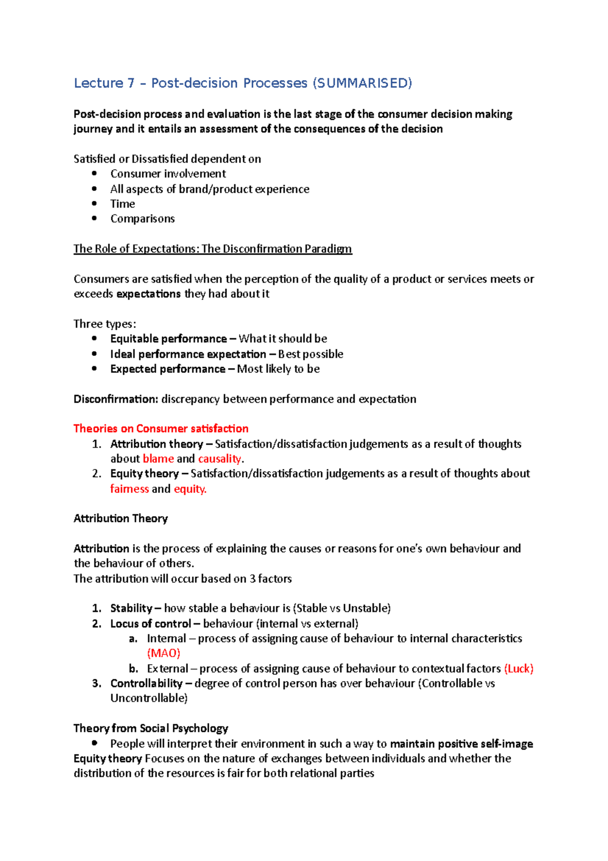 Summaries WK7-12 - cut down (important stuff kept) FINAL EXAM - Lecture ...