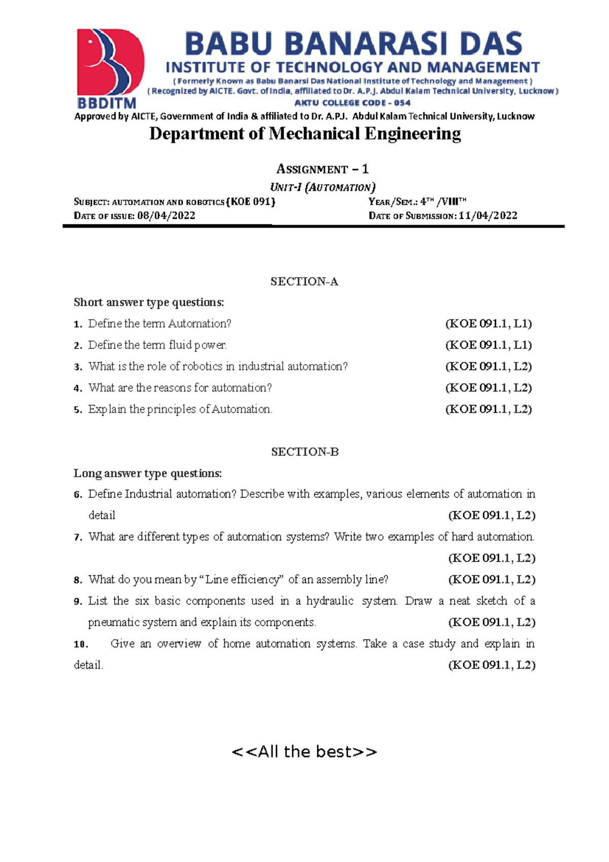 Assignment 1 - Mechanics - BBDU - Studocu