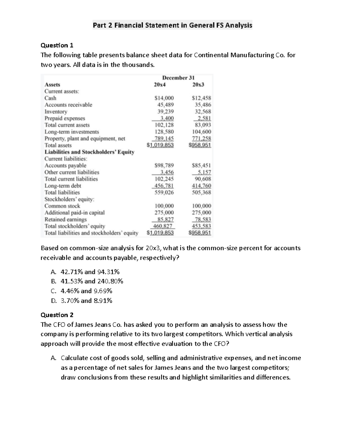 Part 2 Financial Statement in General Financial Statement Analysis Qs ...