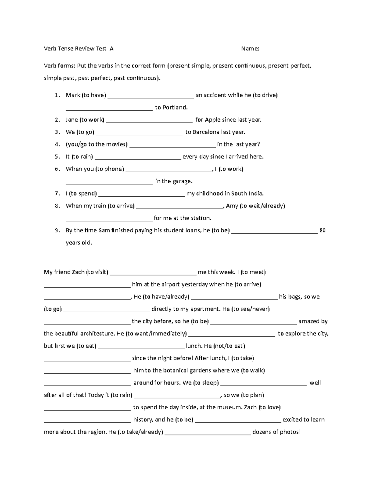 Verb Tense Review - grammaire anglaise - Verb Tense Review Test A Name ...