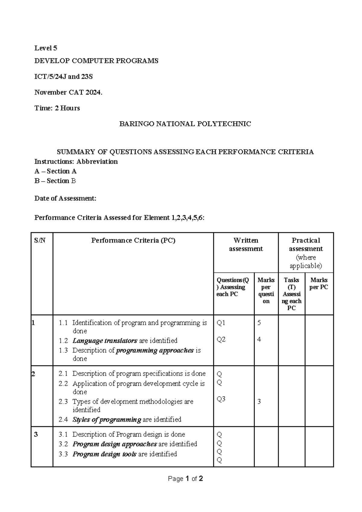 DCP PC Assessed - ACCESSMENT - Level 5 DEVELOP COMPUTER PROGRAMS ICT/5/24J and 23S November CAT ...