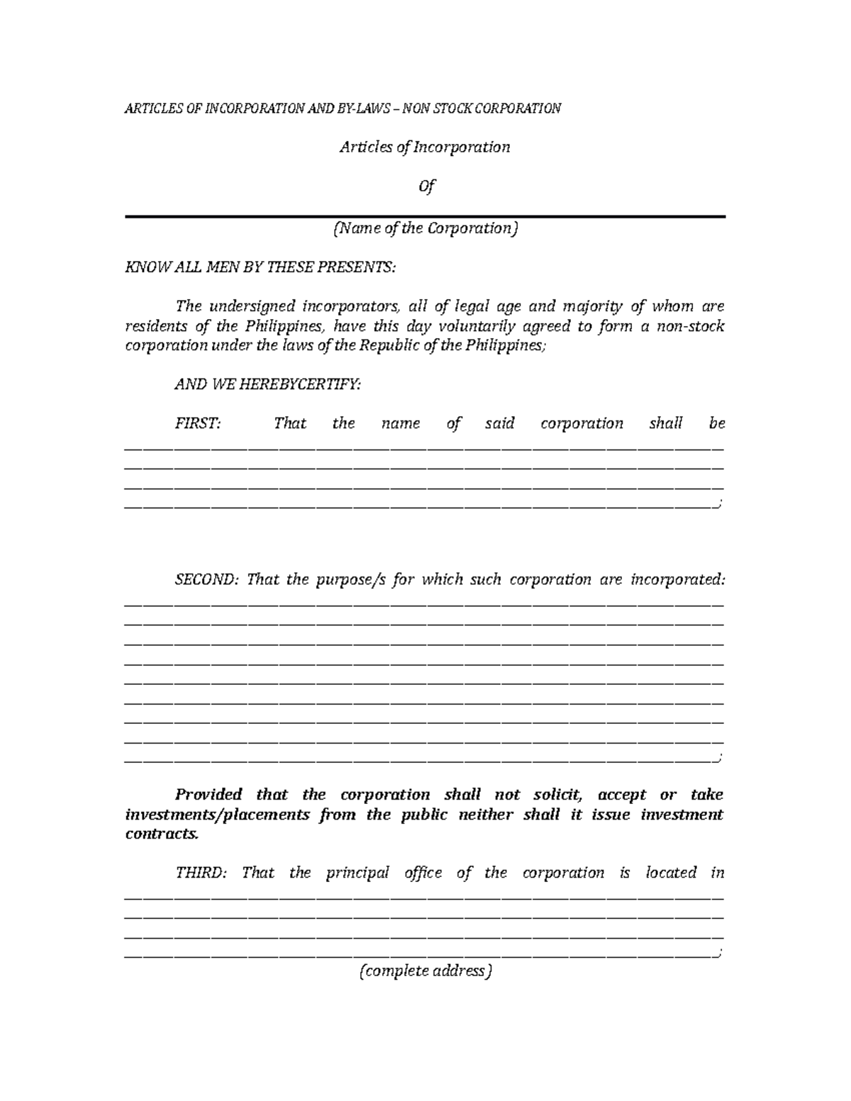 Articles of Incorporation and By laws non stock corporation - ARTICLES ...