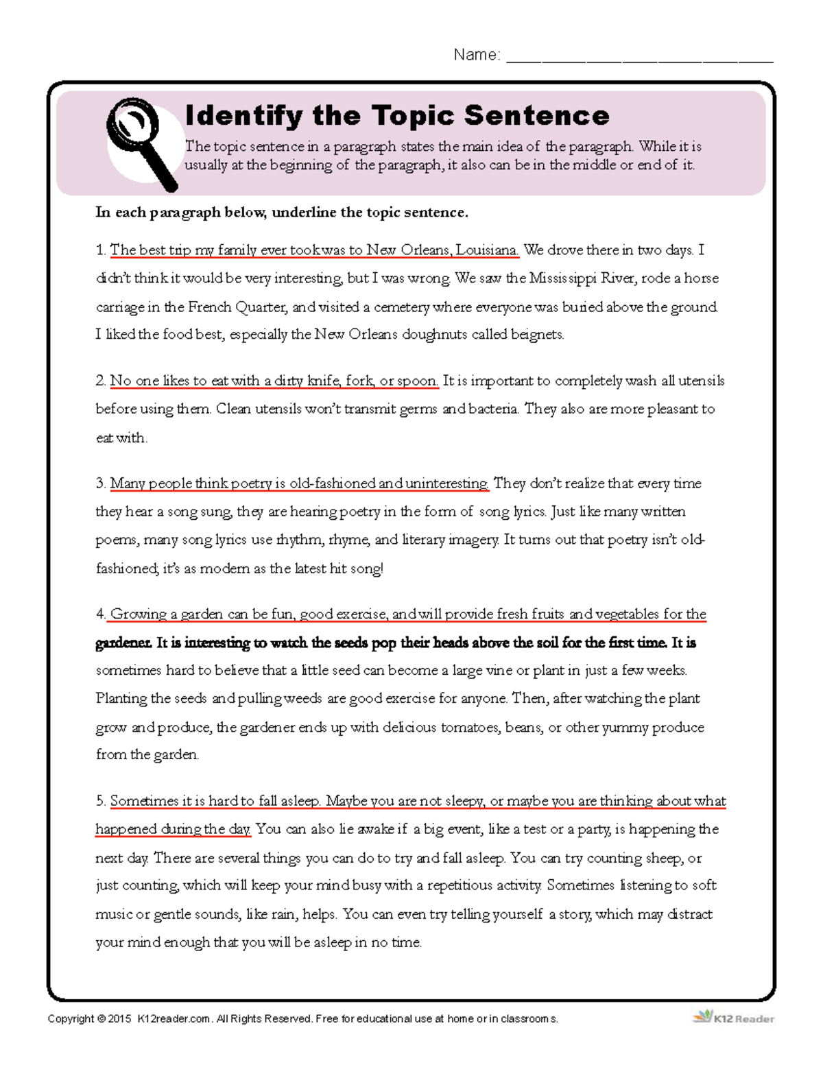 01 Topic Sentences - Copyright © 2015 K12reader. All Rights Reserved ...