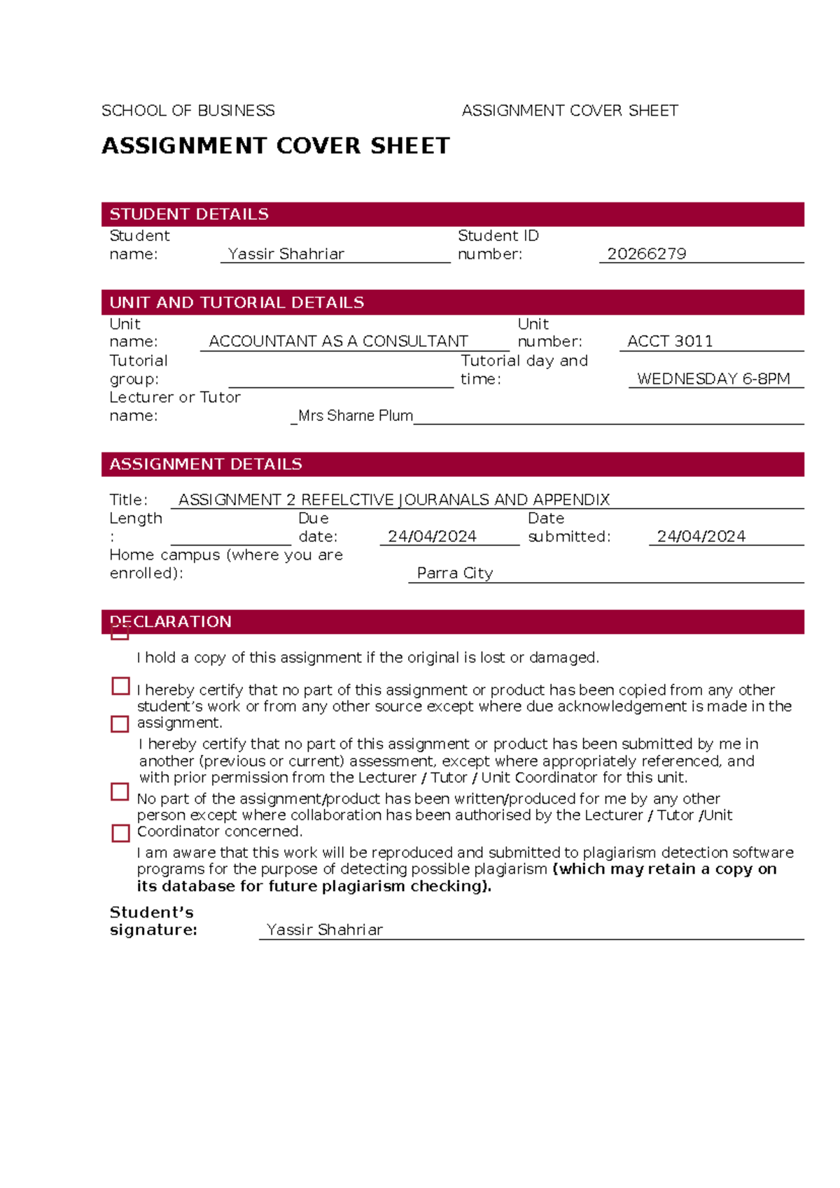 Assessment 2 Yassir Shahriar 20266279 - SCHOOL OF BUSINESS ASSIGNMENT ...