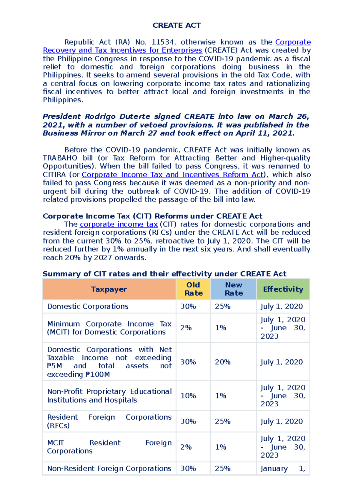 Corporate Recovery and Tax Incentives for Enterprises - CREATE ACT ...