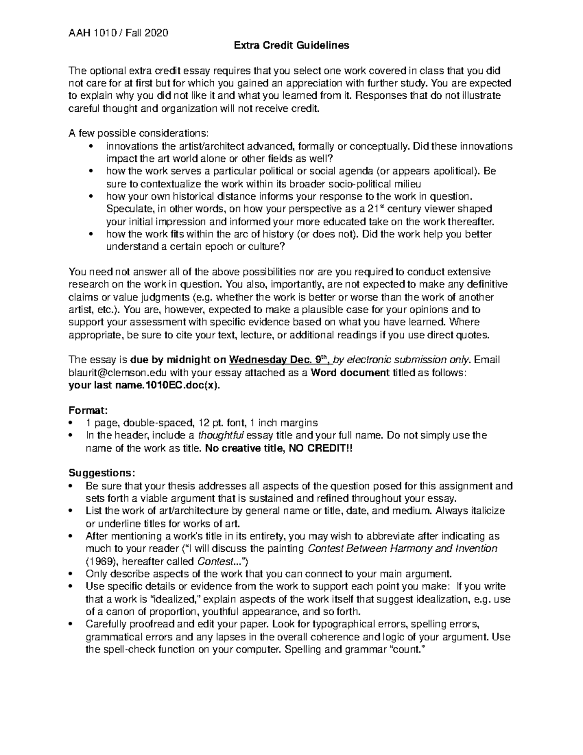 1010Extra Credit Essay - AAH 1010 / Fall 2020 Extra Credit Guidelines ...