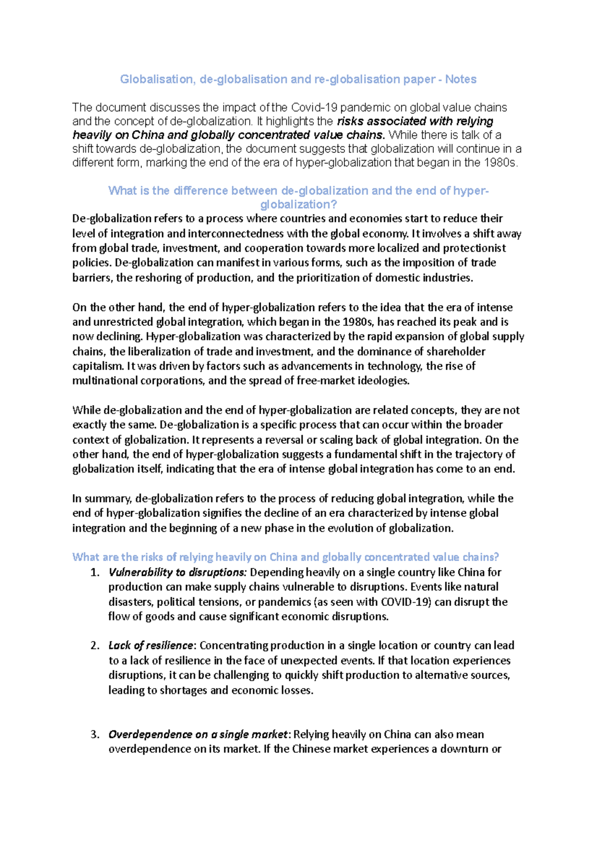 Globalisation, de-globalisation & reglobalisation Notes - Globalisation ...