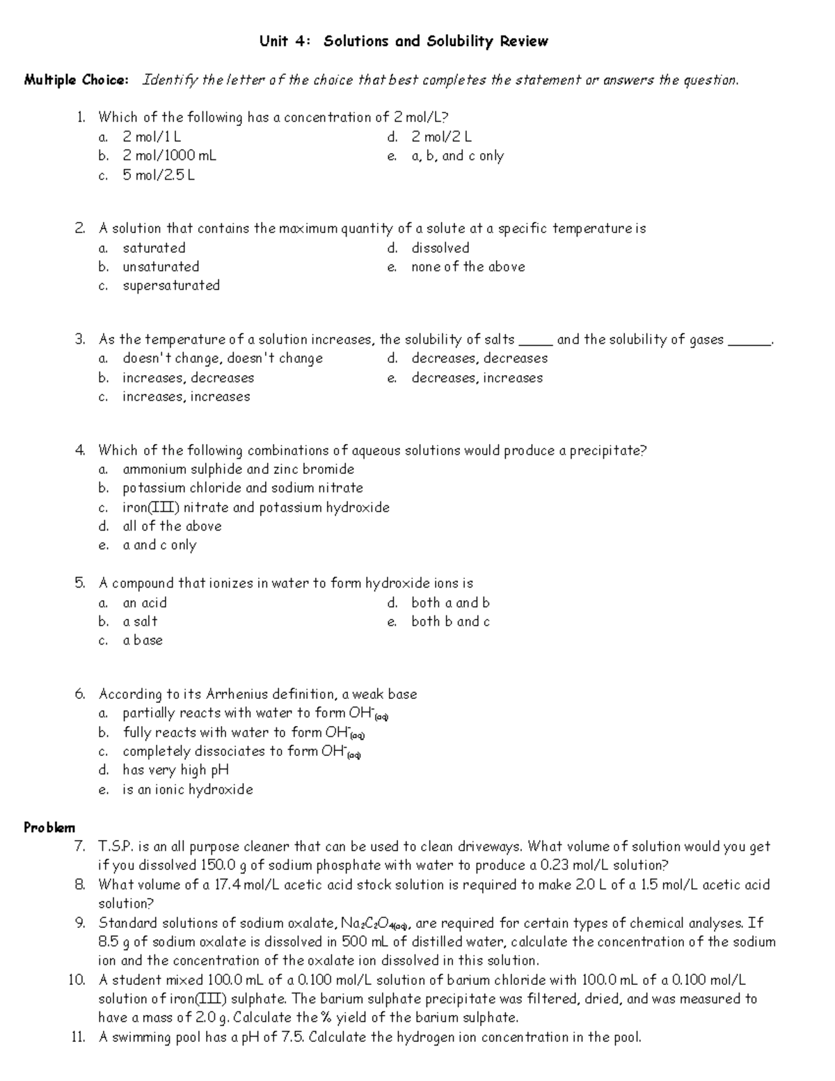 Unit 4 solutions and solubility - Unit 4: Solutions and Solubility ...