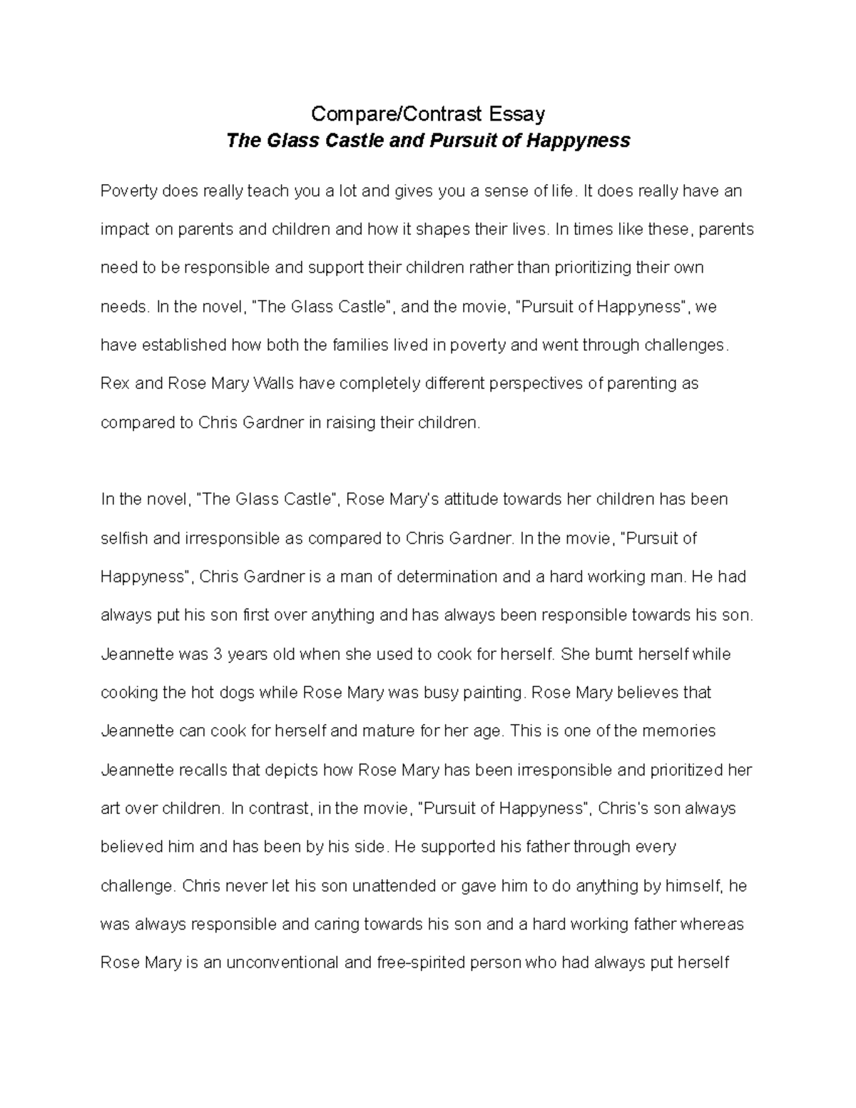 The Glass Castle and Pursuit of Happyness - Essay - Compare/Contrast ...