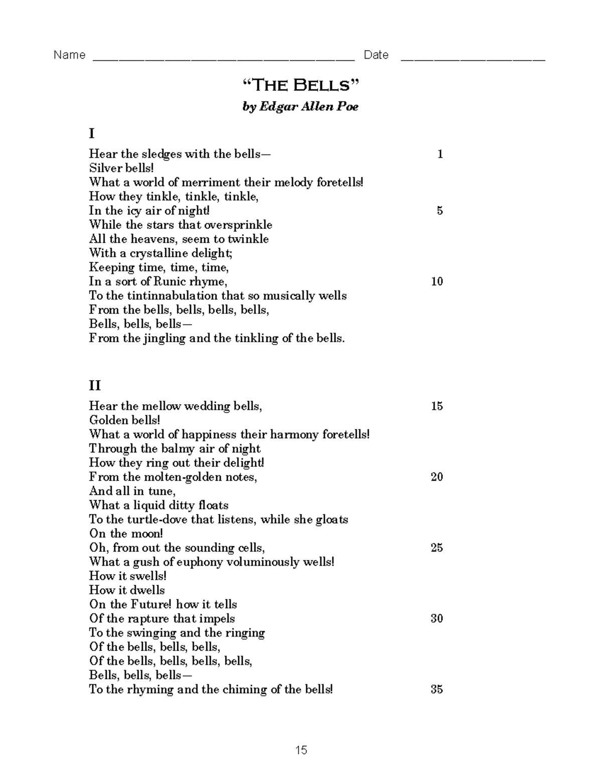"The Bells" Copy - “The Bells” by Edgar Allen Poe i Hear the sledges ...