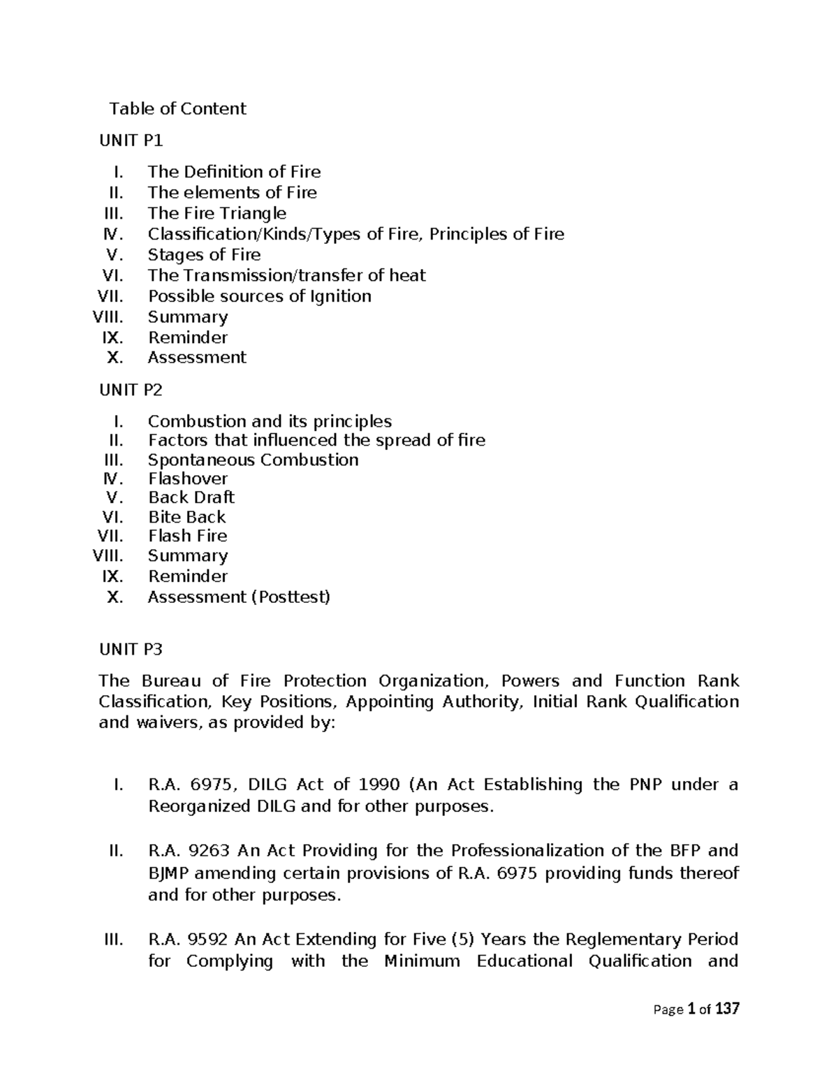 Cdi 6 Arson and Inves. - Table of Content UNIT P I. The Definition of ...
