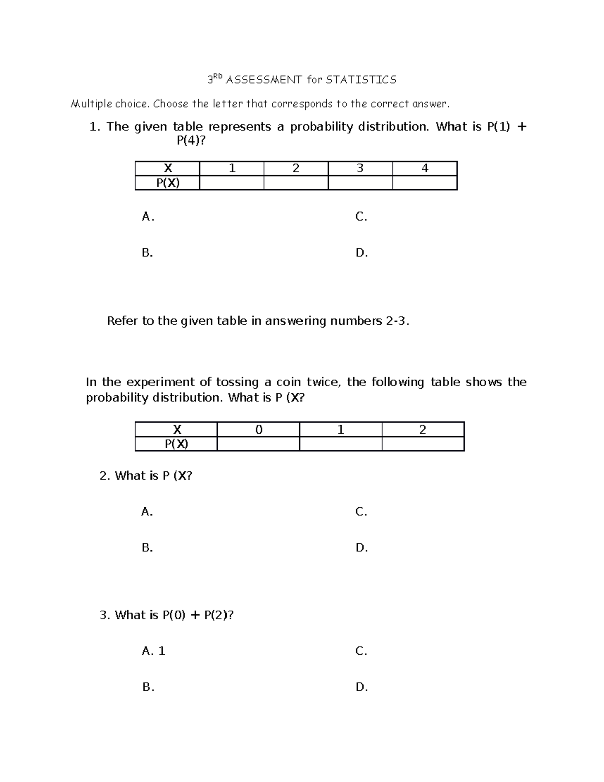 Statistics and Probability 3rd Quarter-3RD- Assessment - senior high ...