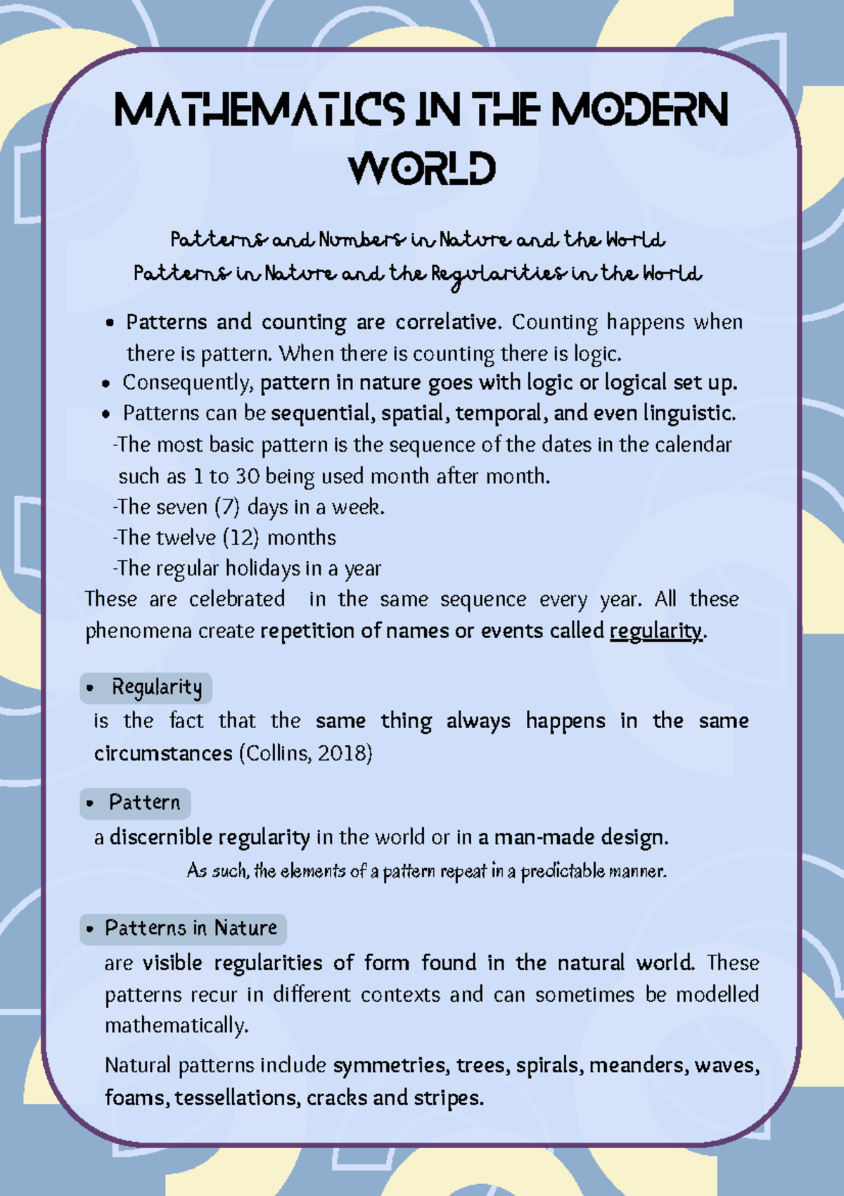 Math reviewer - Mathematics in the Modern World Patterns and Numbers in Nature and the World ...