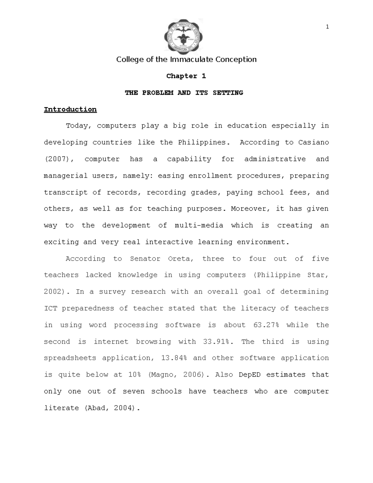 Computer Literacy Program Thesis - College of the Immaculate Conception Chapter 1 THE PROBLEM ...