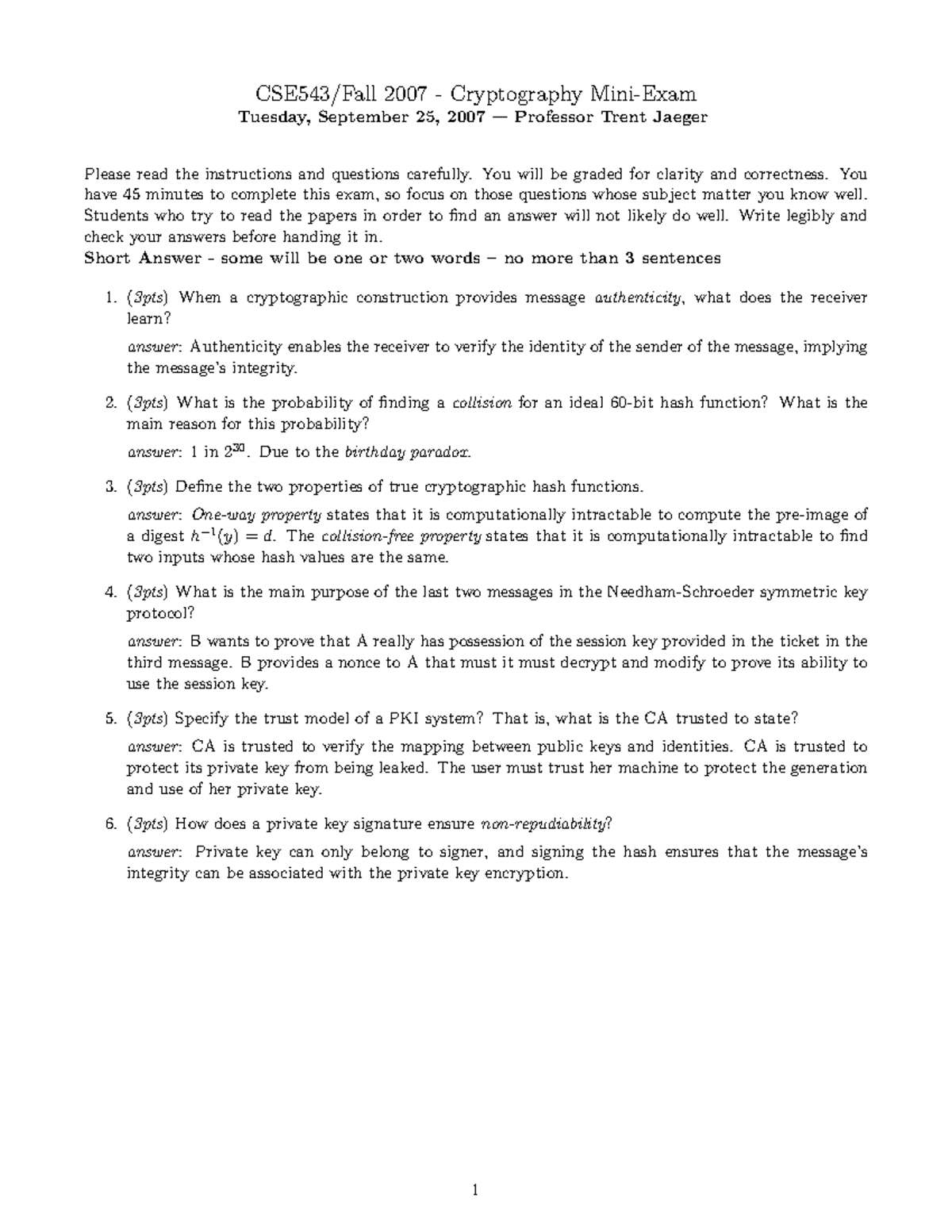 Sample/practice exam - CSE543/Fall 2007 - Cryptography Mini-Exam ...