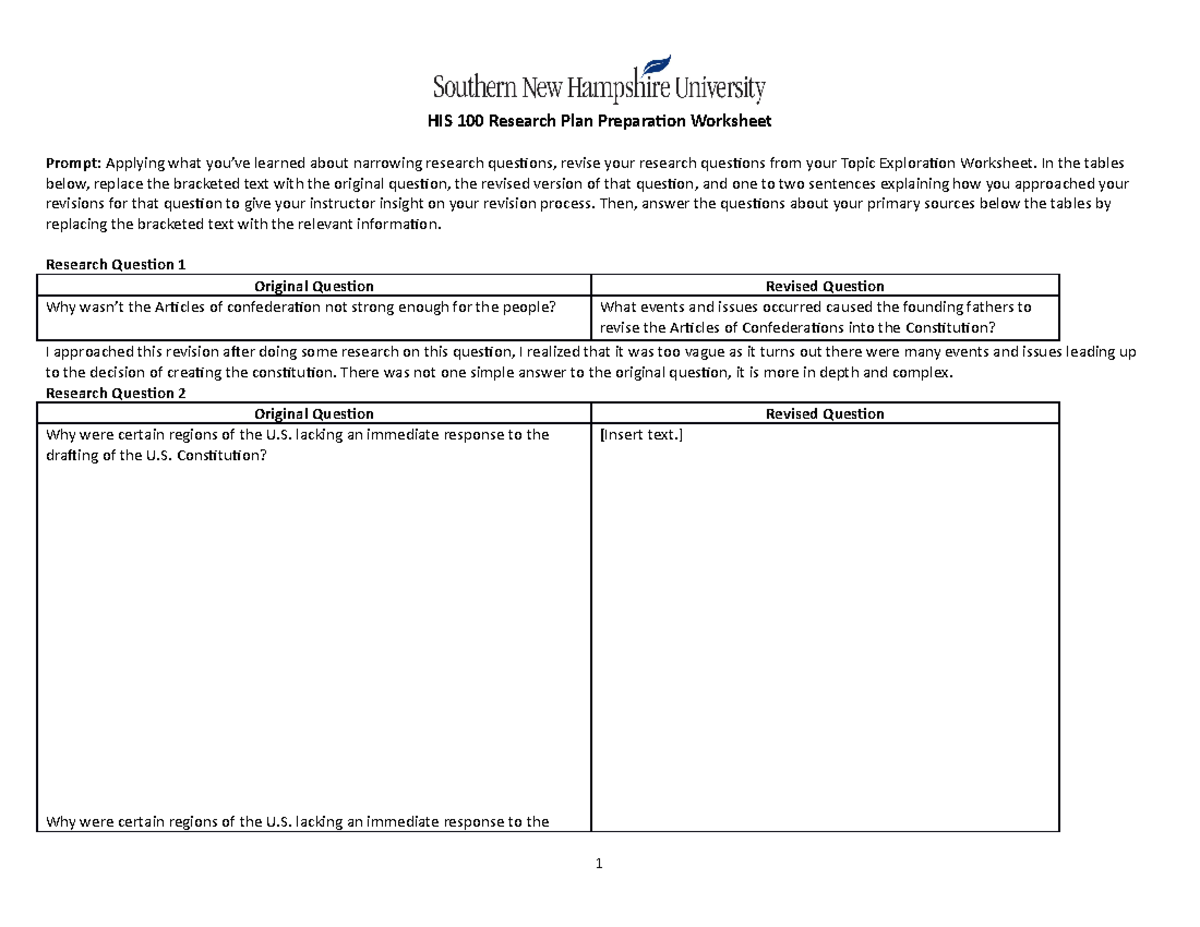HIS 100 Research Plan Preparation Worksheet - HIS 100 Research Plan ...