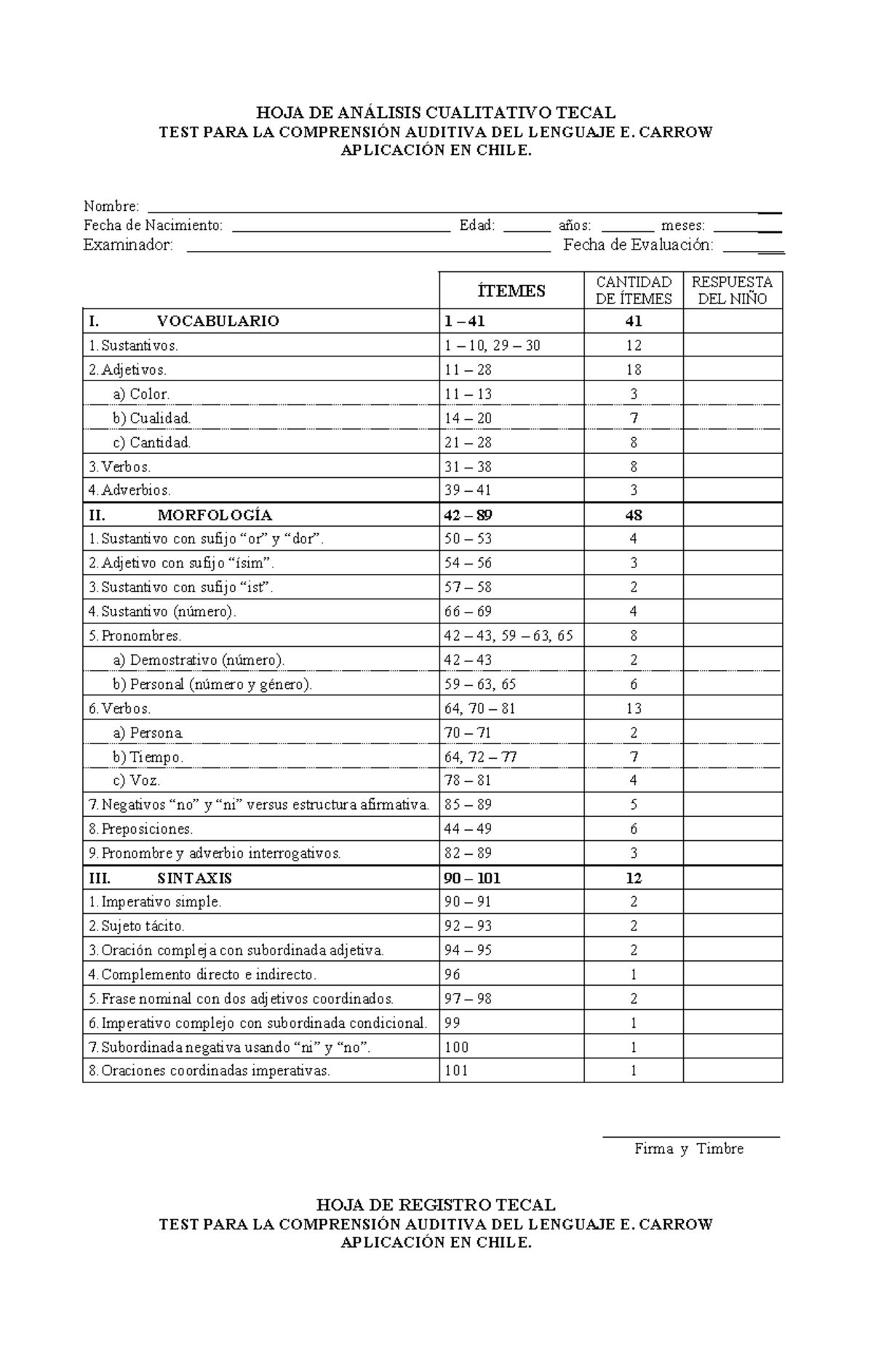 Tecal hoja de respuestas - HOJA DE ANÁLISIS CUALITATIVO TECAL TEST PARA ...