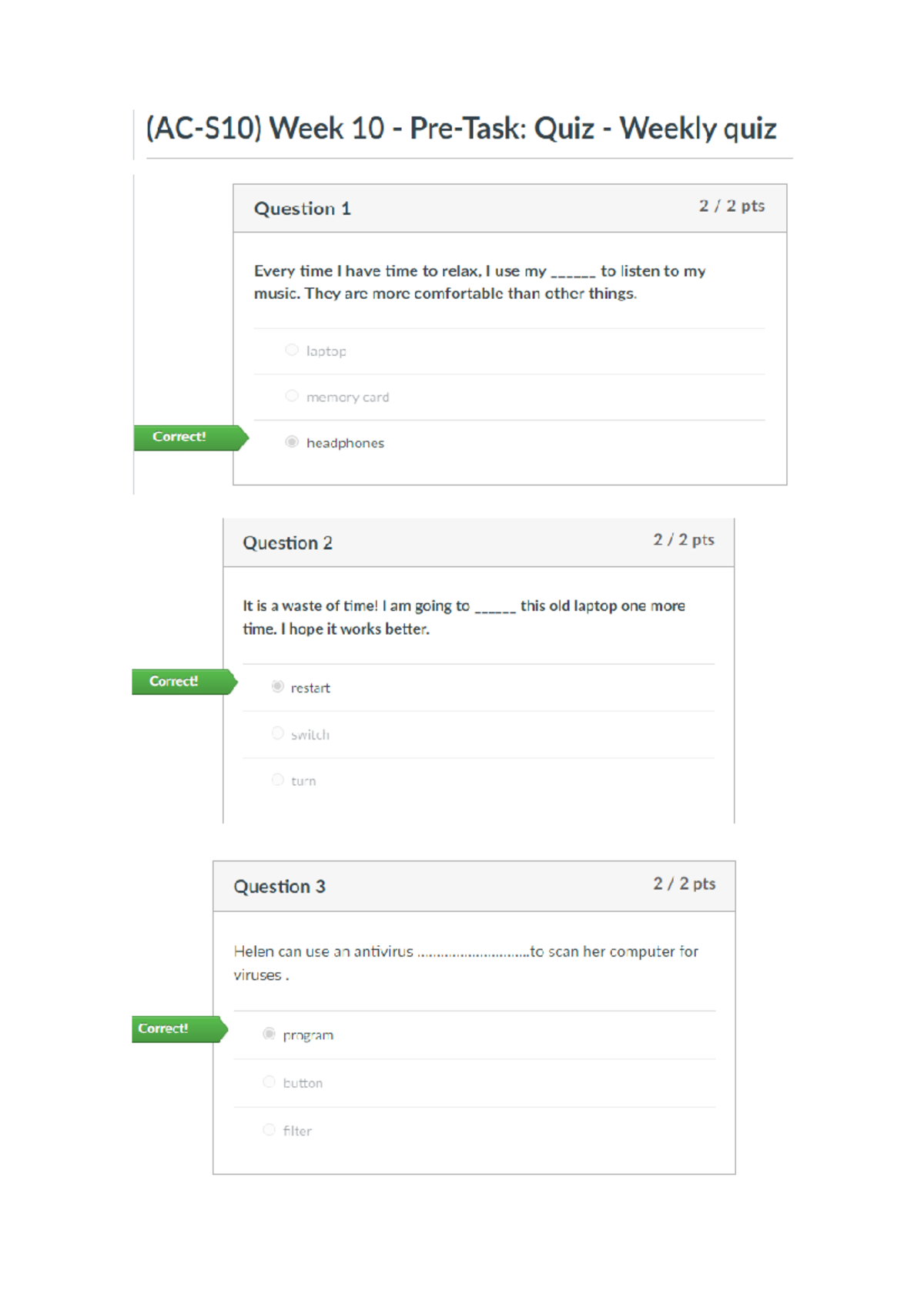 (AC-S10) Week 10 - Pre-Task Quiz - Weekly quiz - Ingles III - Studocu