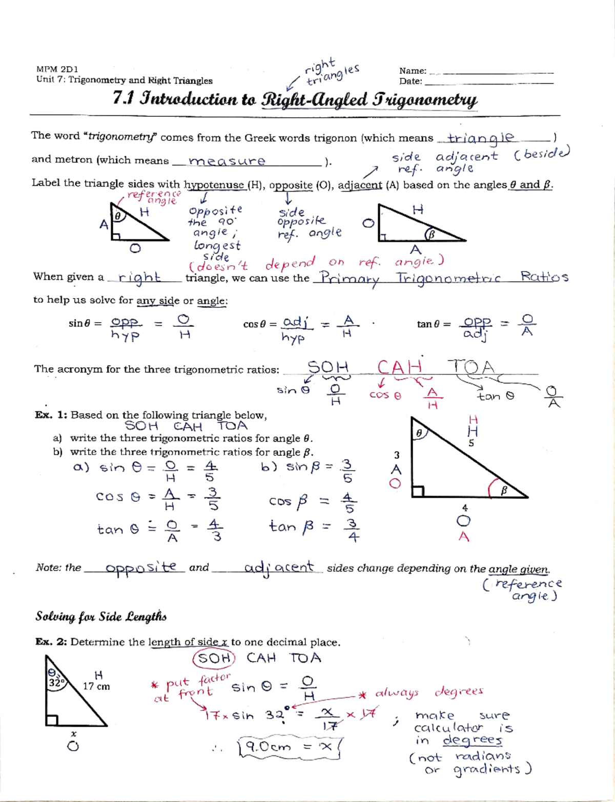 7.1 The Primary Trigonometric Ratios - Filled - MPM 2D Unit 7 ...