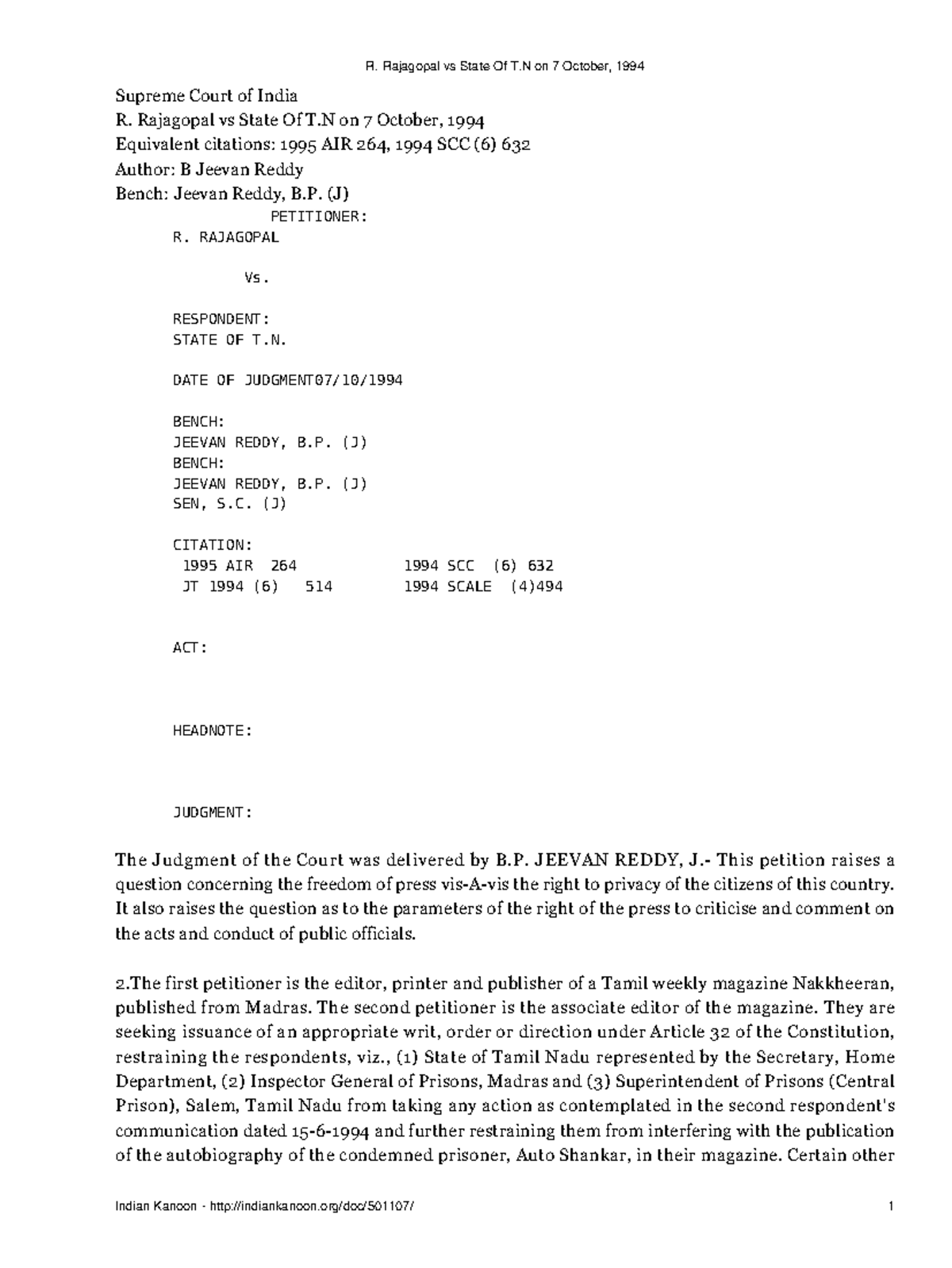 R Rajagopal vs State Of T N on 7 October 1994 - Supreme Court of India ...