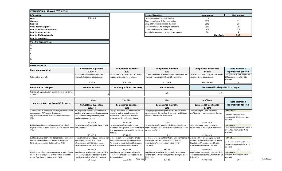 TP1 (Ã©quipe 6) - Grille de correction - Travaux d'équipe Information Critères d'évaluation Note ...